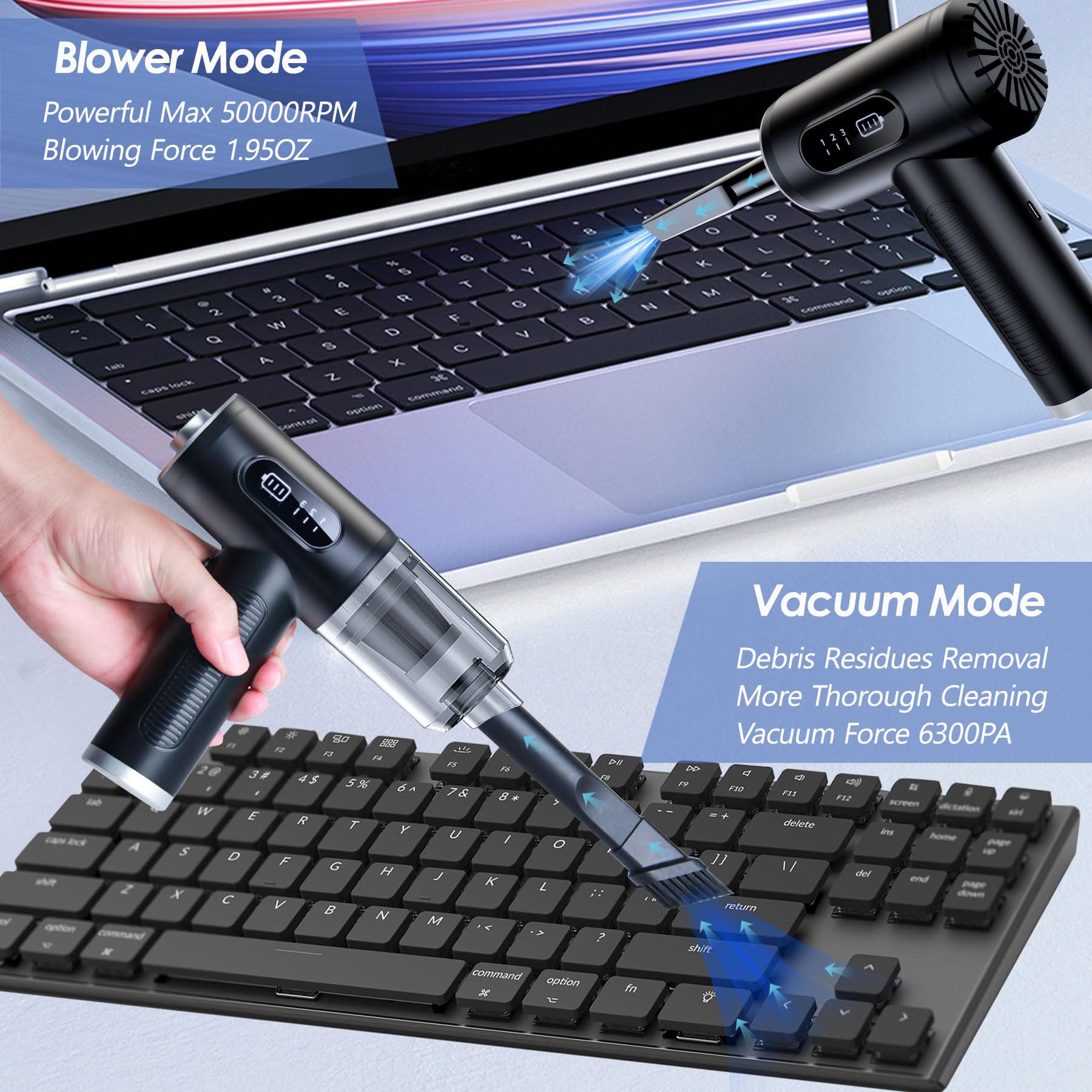 Maxisola Electric Compressed Air Duster & Vacuum 2-in-1, Dust Blower for Computers PC Keyboard Electronics Car Mini Cordless Vacuum Cleaner - 50000RPM 6000mAh Rechargeable with Light Display