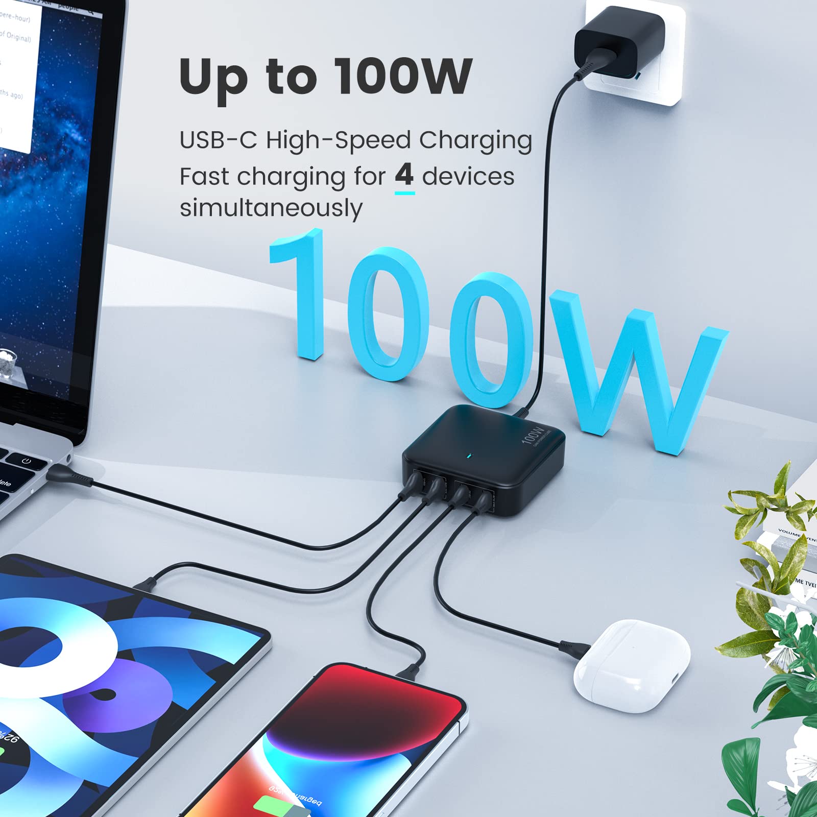 USB C Charger,100W GaN III USB C Charging Station,4 Ports [2USB-C + 2USB-A] Type C Charger Fast Charging for MacBook Pro,iPhone 14 Pro Max/13 Pro Max,iPad Pro,Galaxy S22,Steam Deck,ect