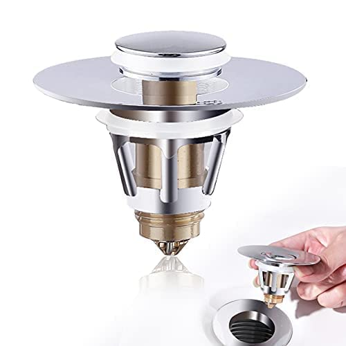 Three Colors Bathroom Sink Stopper,Pop Up Drain Stopper with Bullet Core Push Type,Anti-Clogging Strainer Stopper Plug with Filter Basket for 1.1-1.5",(Silver,1PCS)