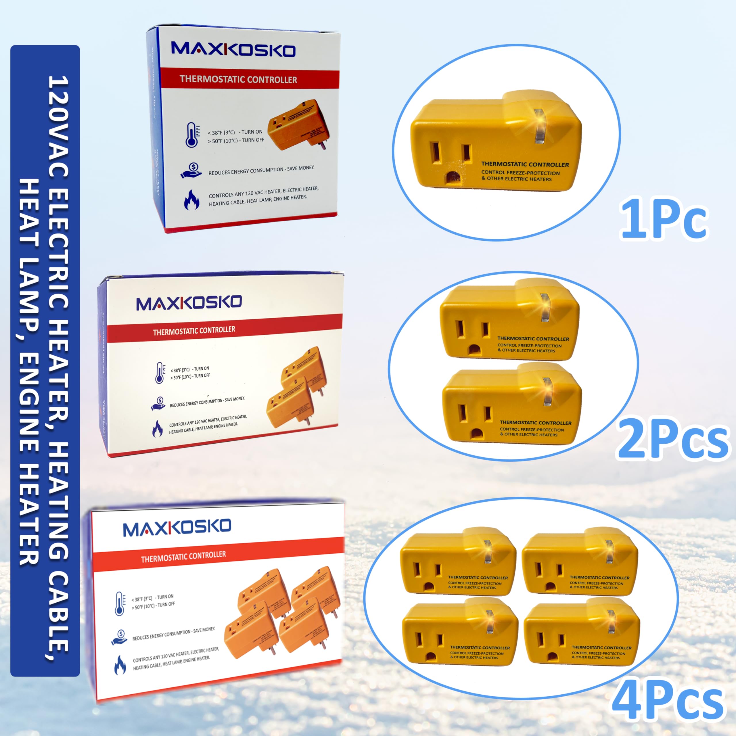MAXKOSKO 2PCS Freeze Thermostatically Controlled Outlet,Automatically Turn On below 38°F and Off Over 50°F