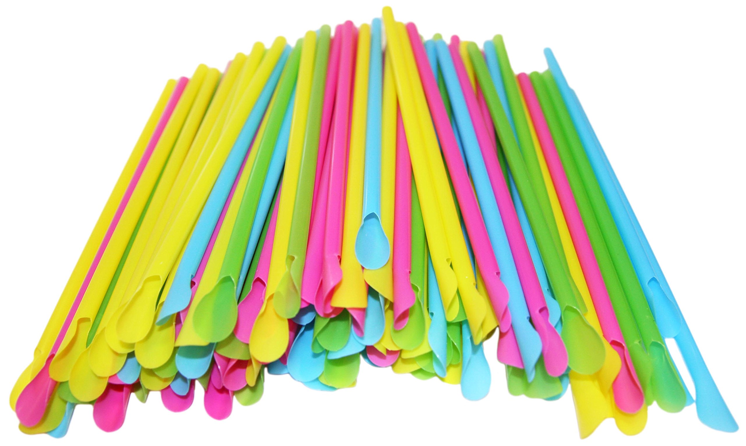 Set of 200 SNO-Cone Straw Spoons! Bright Colors - 8"x.25"- Perfect for Milkshakes, Shaved Ice, Kid's Parties, Root Beer Floats and More!