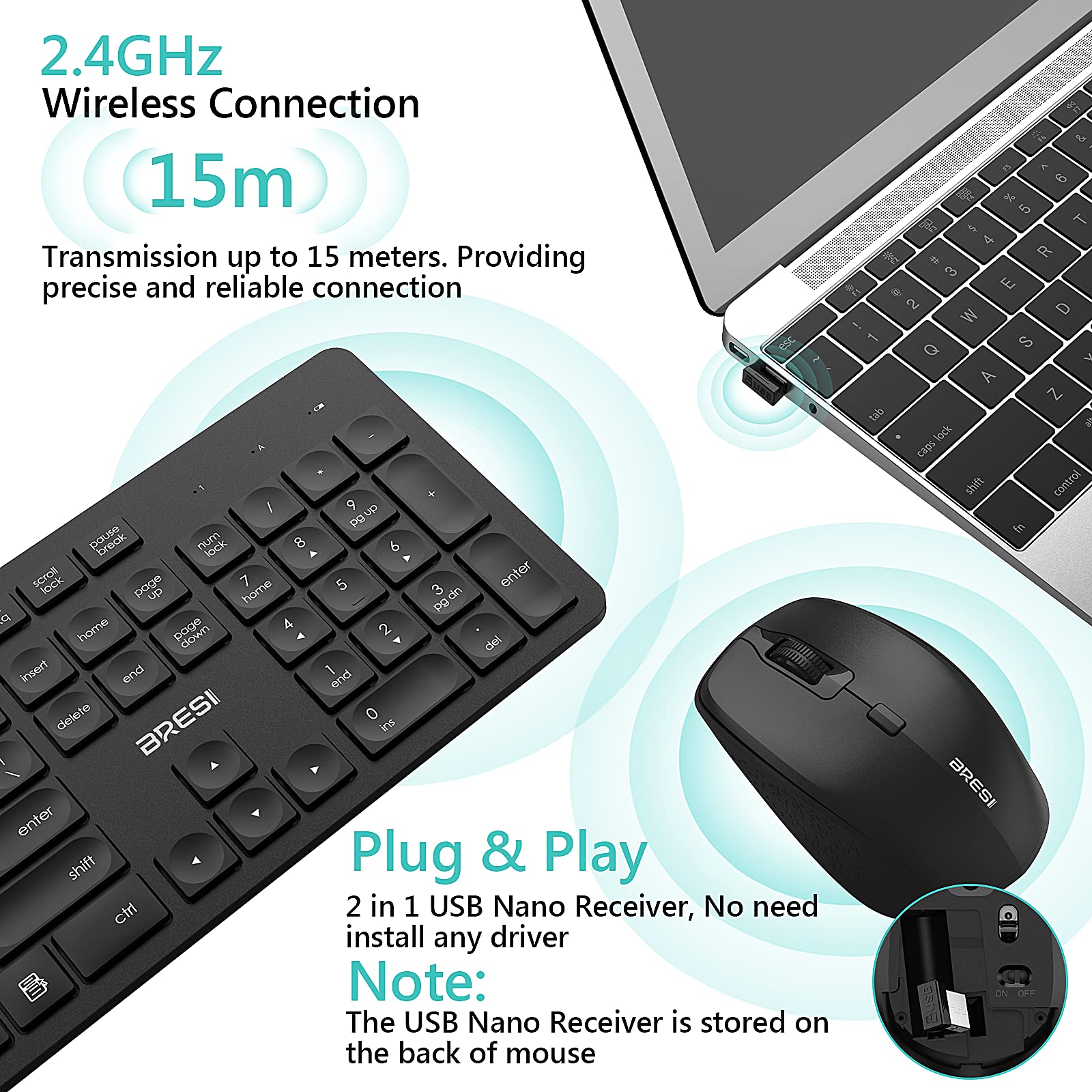 Wireless Keyboard Mouse Combo, BreSii Wireless Keyboard and Mouse Computer Keyboards Mouse Full-size Silent Slim 2.4GHz USB For kids E-Learning PC Desktop Computers Notebook Laptop Windows Office Home
