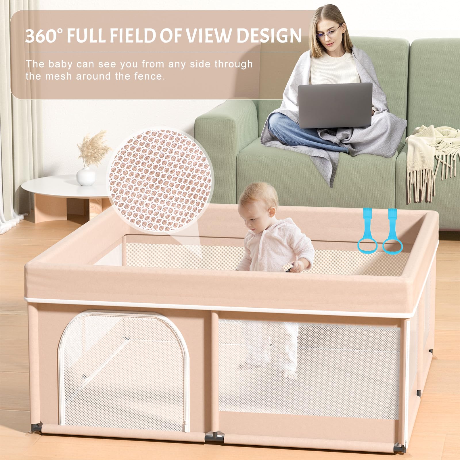 Omzer Baby Playpen with Mat 50x50inch: Large Playpen for Babies and Toddlers Indoor Safety Play Pen with Soft Breathable Mesh - All-Wrapped Sponge Sturdy Play Yard with Stable Mat Magic Sticker Beige