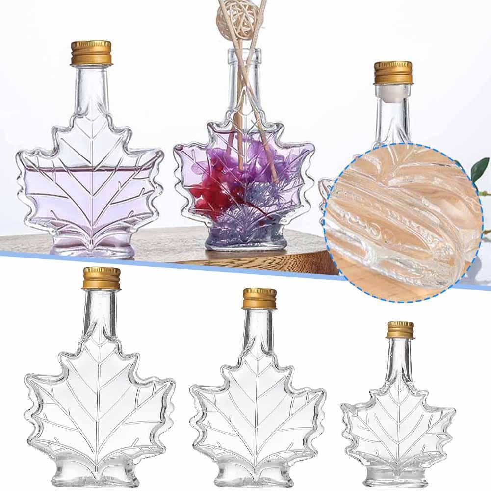ZHOSXRC Glass Maple Syrup Bottles Jars,Glass Syrup Dispenser Bottle,Reusable Leaf Shaped, Food Grade Canning Bottles,Empty Glass Syrup Bottles with Lids for Homemade Drinks (250ml)