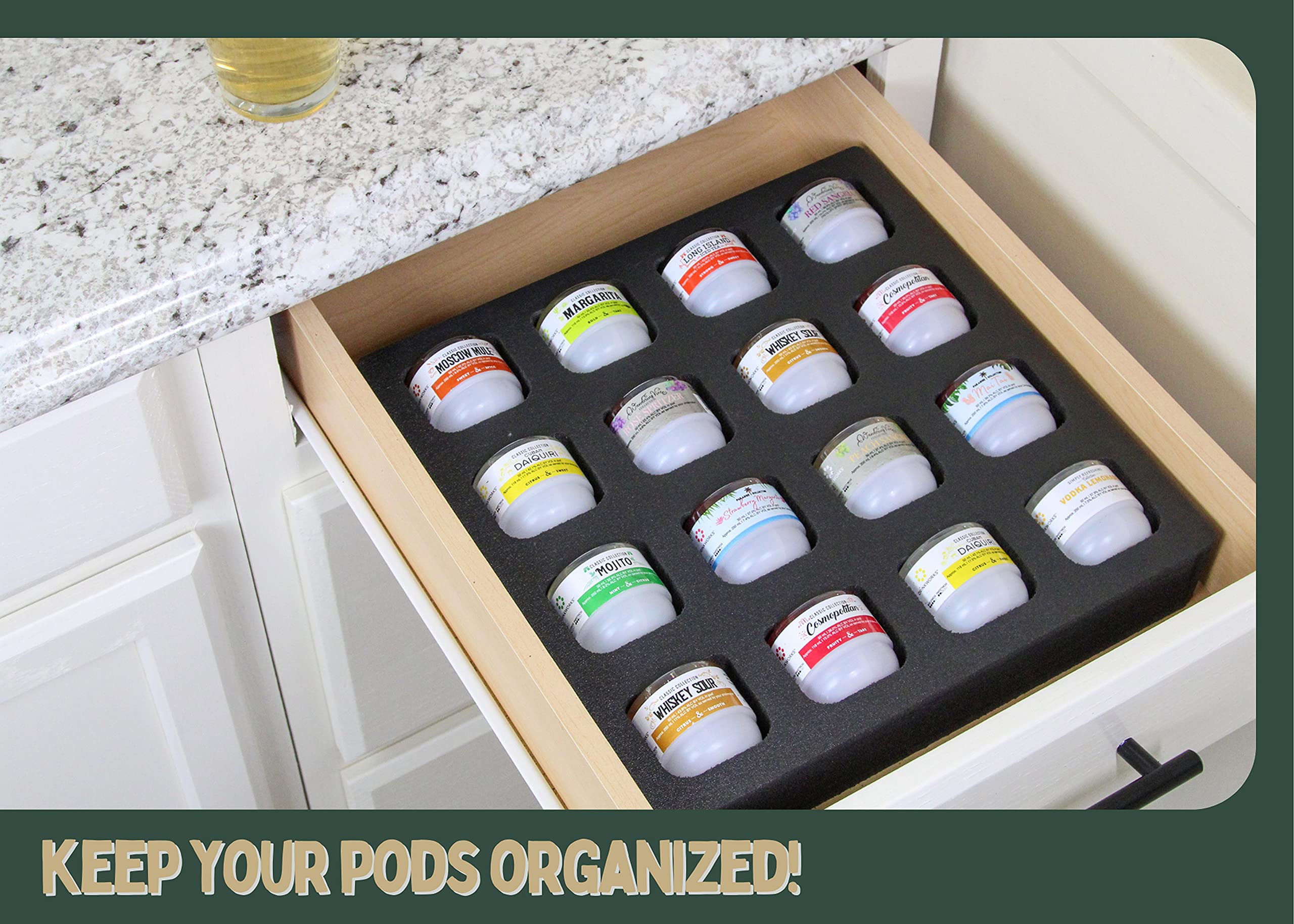 Polar Whale 2 Cocktail Capsule Drawer Organizers Tray Insert Compatible with Keurig DrinkWorks Pods for Kitchen Home Bar Party Waterproof Washable Black Foam 16 Compartment 12.5 x 12.5 Inches
