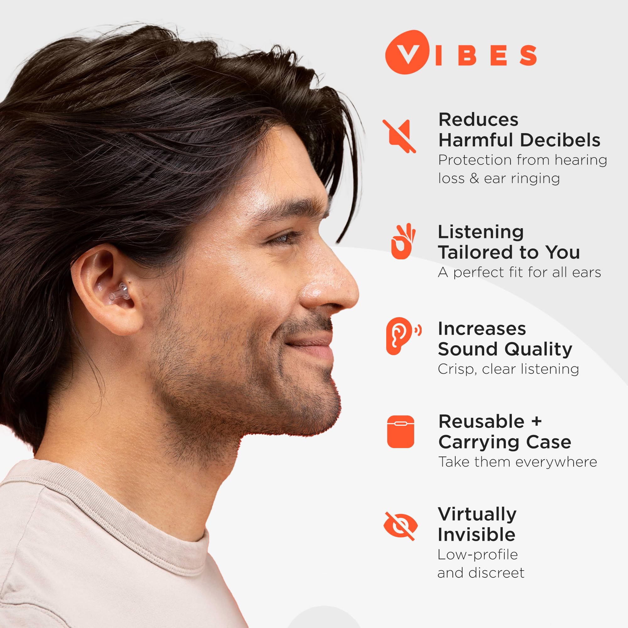 Vibes High-Fidelity Earplugs - Invisible Ear Plugs for Concerts, Musicians, Motorcycles, Airplanes, Raves, Work Noise Reduction, Hearing Protection - Fits Small Medium Large - As Seen On Shark Tank