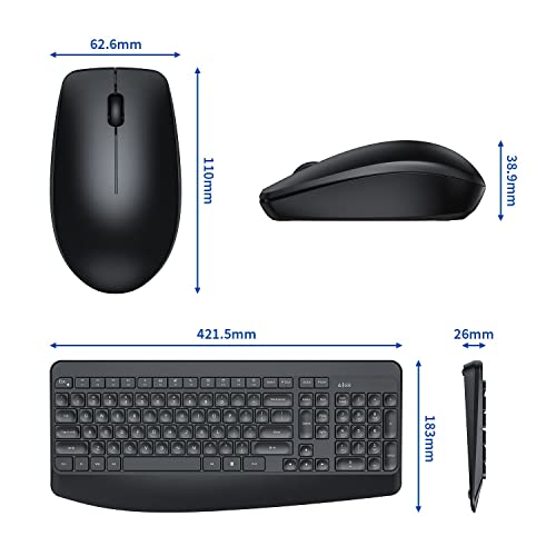 Wireless Keyboard and Mouse Combo, 2.4G Full-Sized Ergonomic Computer Keyboard with Wrist Rest and 1600 DPI Wireless Noiseless Mouse for Windows, PC, Laptop, Windows XP/7/8/10 (Black)