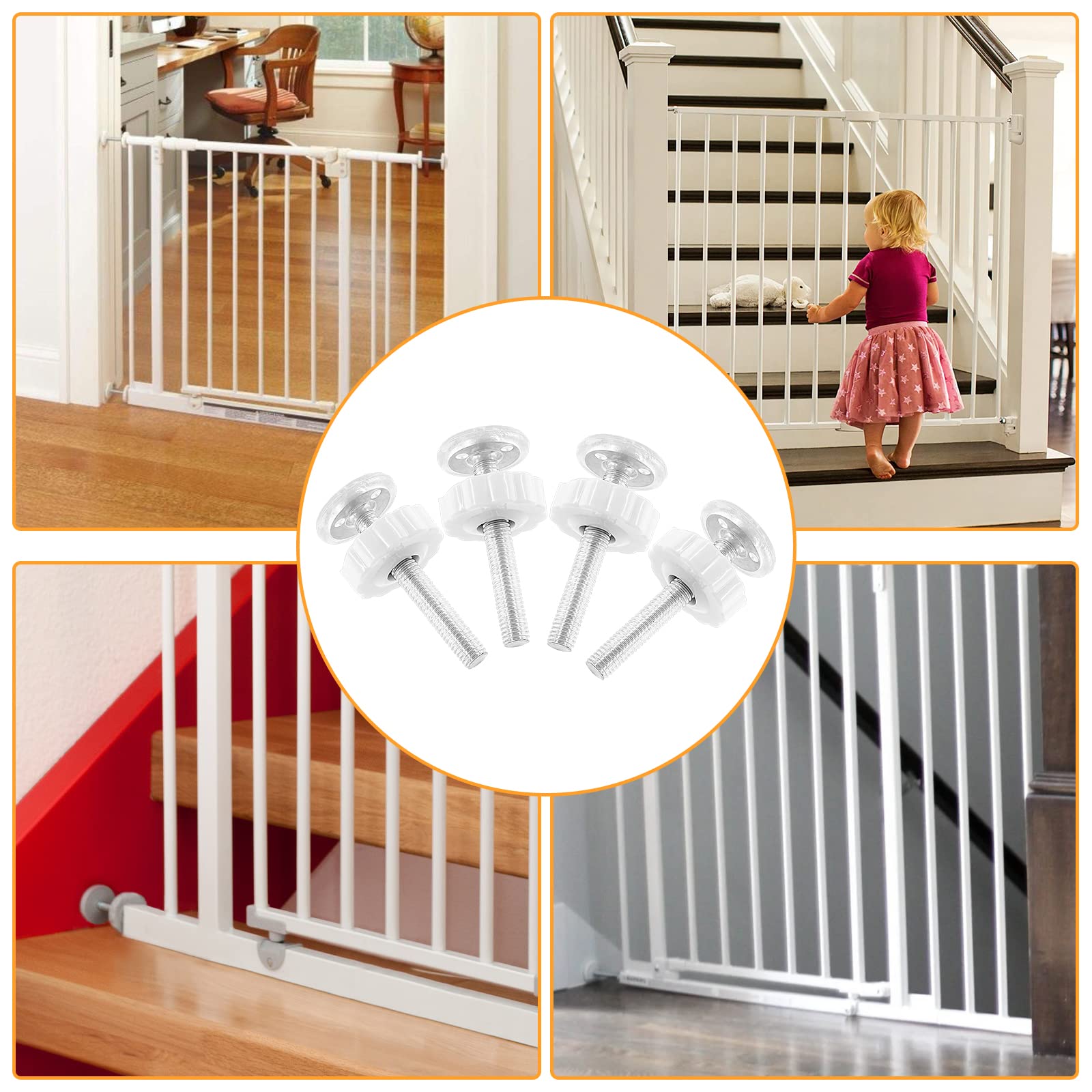 Unlorspy 4 Pack Baby Gate Threaded Spindle Rod M10 (10mm) Baby Gate Screw Replacement Hardware Parts Kit for Pressure Mounted Baby & Pet Safety Gates & Stair Gates (10mm, White)