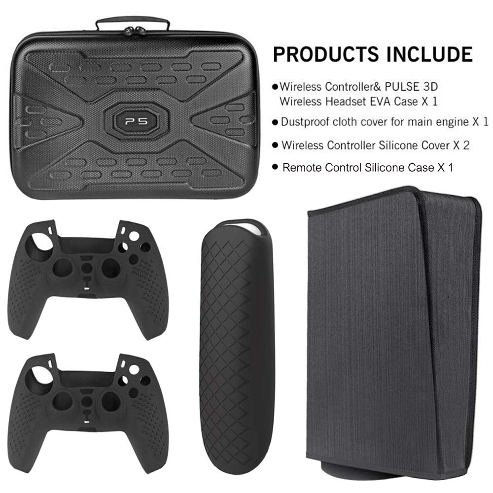PINSO Custom Comfort Set for PS5, Fashion Travelling Case for PS5 Pulse 3D Wireless Headset, Controller and Media Remote & Dust Cover for PS5 Console & Silicone Case for PS5 Controller, Media Remote