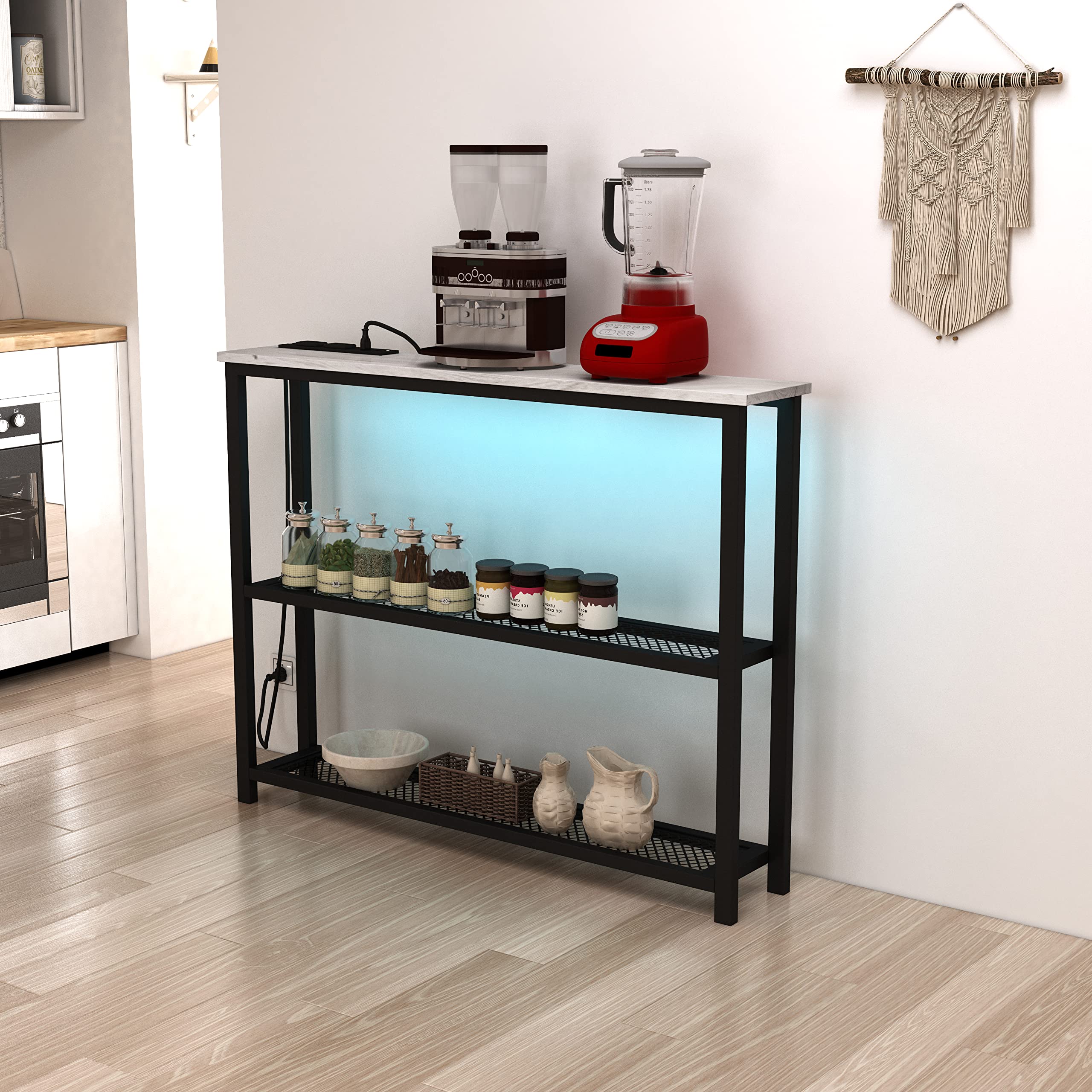 Lvrunben LED Console Table with 2 USB Ports, Multi-Coloured Lights Entryway Storage Shelf with 2 Power Outlets, Living Room Narrow Sofa Accent Table for Hallway, Farmhouse