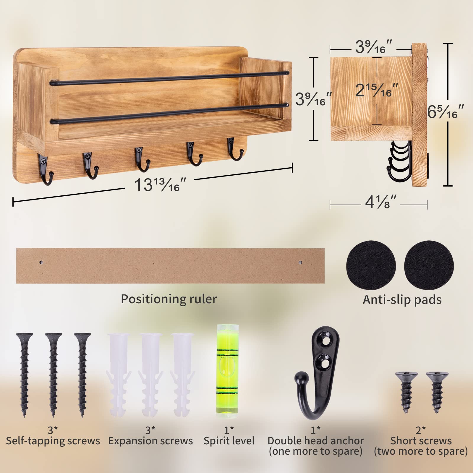 Mapromofit Key Holder for Wall and Mail Shelf, Solid Pine Wood Mail Sorter Organizer with 5 Key Hooks for Entryway, Storage, Living Room, Hallway, Kitchen