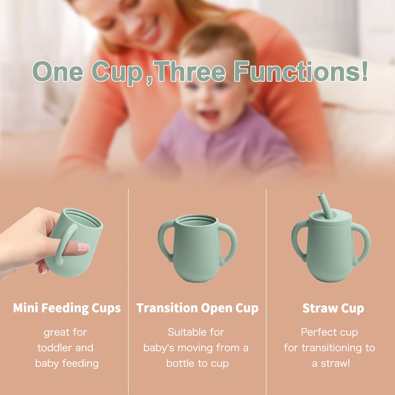 Uyokcnie Toddler Cup, Silicone Training Cup Sippy Cup with Straw, Spill Proof and Non-Slip Handles, NO BPA, Unbreakable, Trainer Cup for Babies Toddlers and Infants, 2 Count, 4 oz, Sage Green, Blush