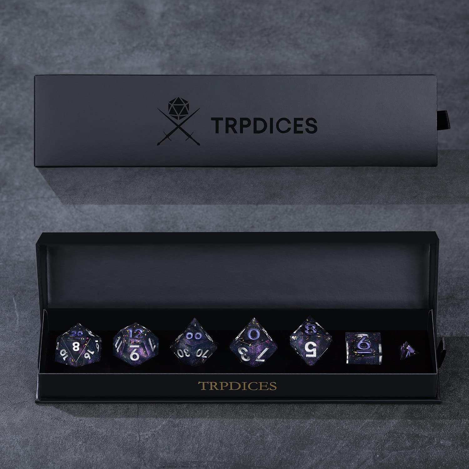 TRPDICES DND Dice Set, Dungeons and Dragons Dice Set, Handcrafted 7 Die Resin Polyhedral D&D Dice Set with 2 Color Fonts and Sharp Edge for Role Playing Games (Magic World Color)