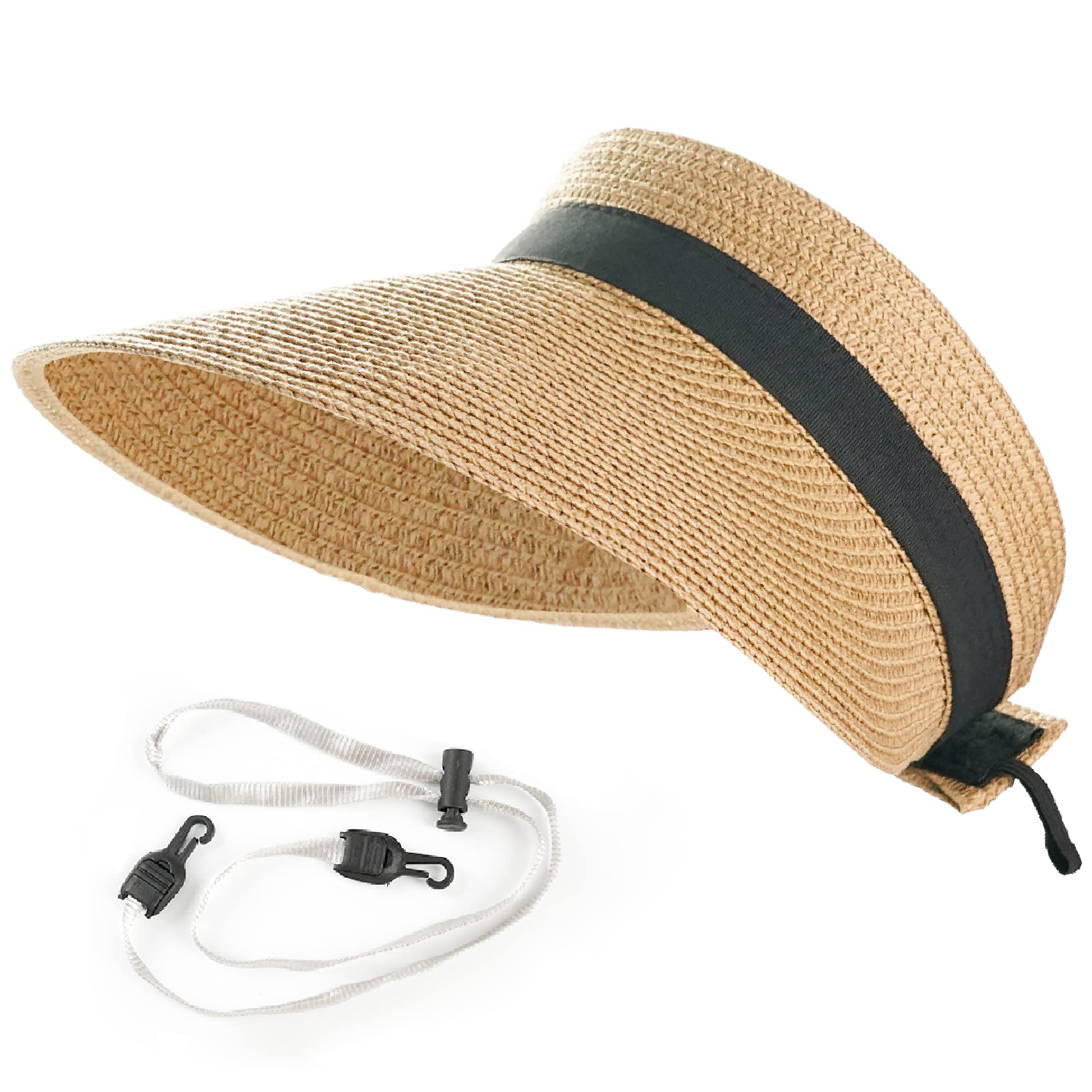 Sun Visors Hat Womens, Beach Straw Hats Wide Brim, Adjustable Summer Sun UV Protection Visor Hat, Roll Up Packable UPF50+ Ponytail Cap for Travel Vacation A-Khaki