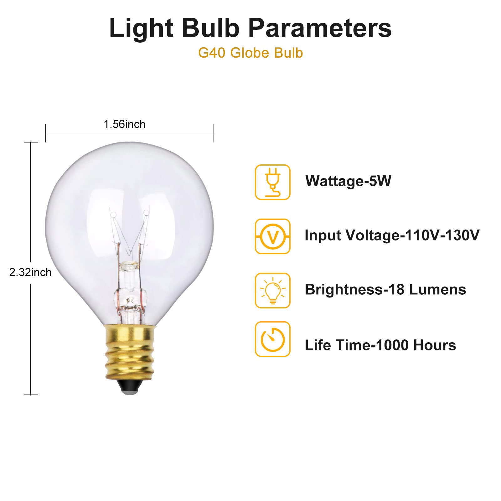 Replacement Bulbs G40 Clear Globe, 1.5 Inch with E12/C7 Candelabra Screw Base, 5 Watt Outdoor String Replacement Bulb for Garden, Patio, Living Room, 25 Pack