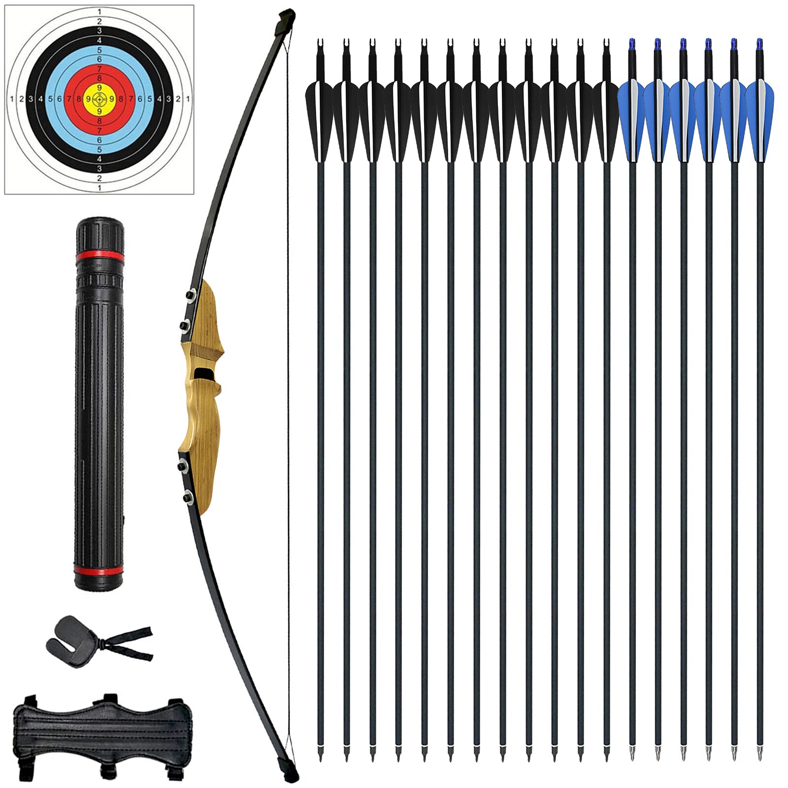 Recurve Bow and Arrow for Adults with 18 Arrows - Archery Bows Set for Beginner with Quiver 5 Target Faces Arm Guard Finger Saver, Takedown Longbow Kit Right Handed for Outdoor Shooting Training