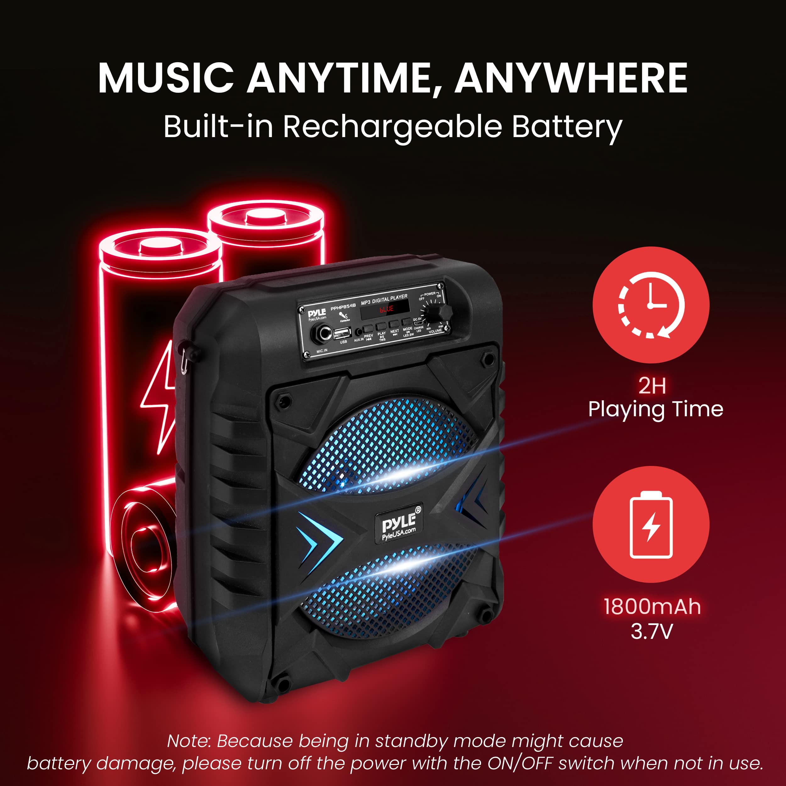 Pyle Portable Bluetooth PA Speaker System - 300W Rechargeable Indoor/Outdoor Bluetooth Speaker Portable PA System w/ 8β Subwoofer, AUX, Microphone in, Party Lights, MP3/USB, Radio, Remote PPHP854B