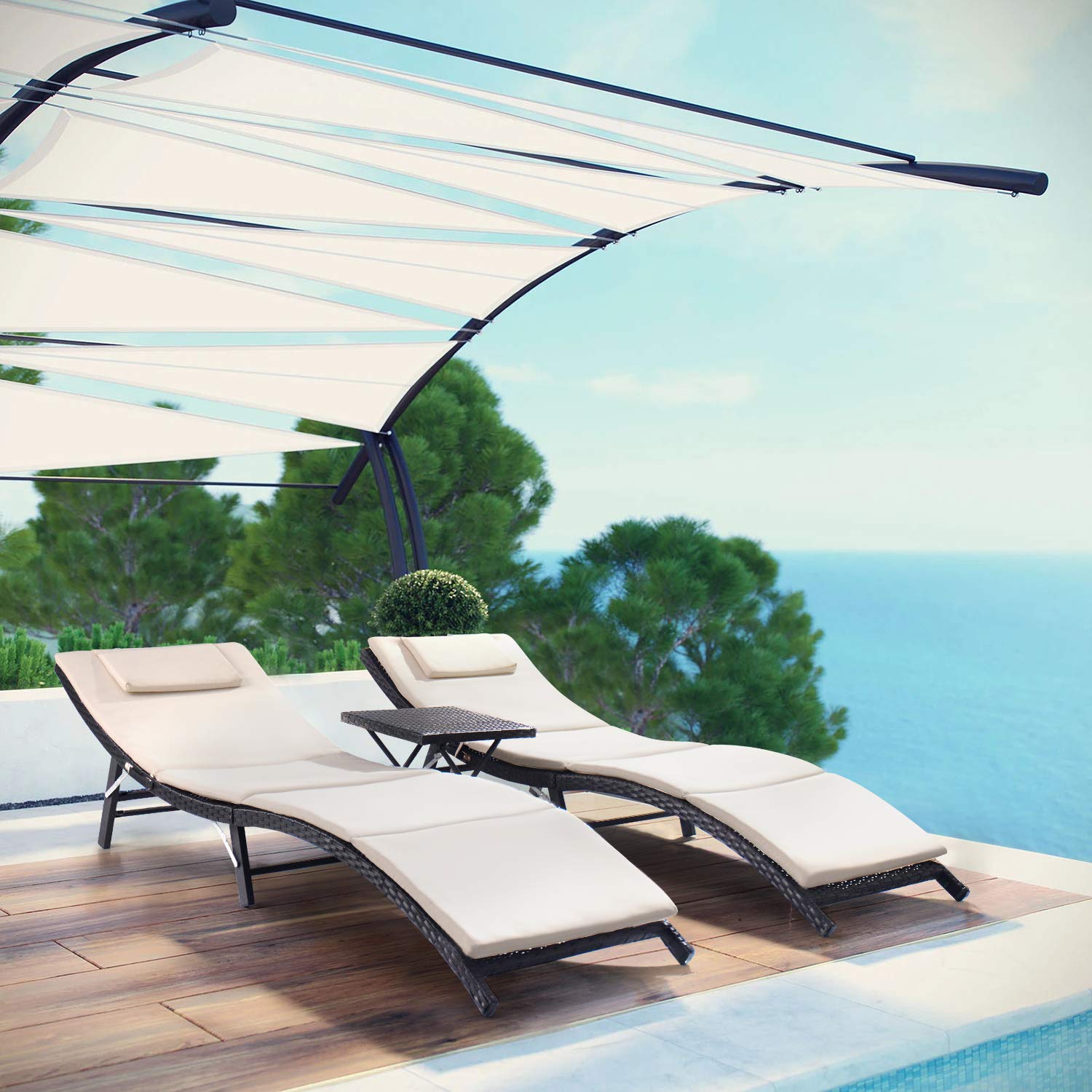 VICTONE Lounge Chairs for Outside, 3 Pieces Patio Chaise Set Outdoor Poolside PE Rattan Reclining Chair with Cushion and Folding Table (Beige)