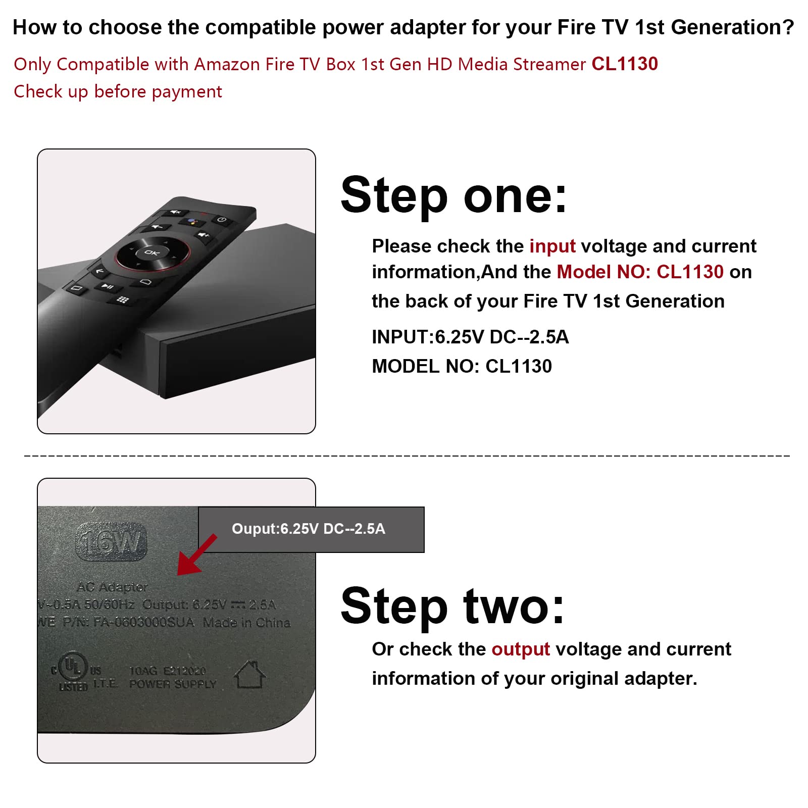 ZTTXL 16W Power Adapter AC DC Adapter Replacement for Fire TV CL1130,Digital HD Streaming Media Player Fire TV Box 1st Generation Power Supply Switching Charger Plug Cord, 5 Ft AC Adapter Power Cord