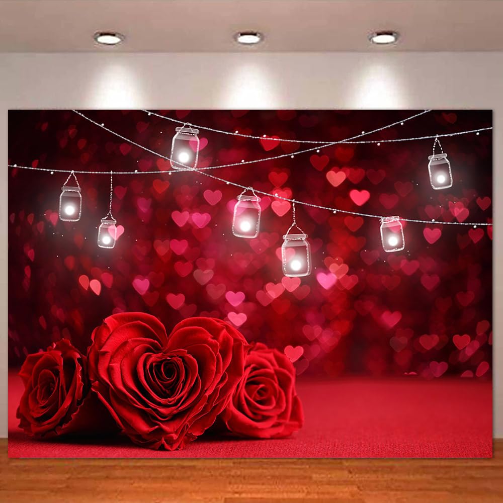 MAQTT 7 x 5 FT Red Love Heart Rose Bokeh Glitter Photo Backdrop Valentine's Day Mother's Day Wedding Bride Shower Party Photography Background Girl Birthday Decoration Supplies