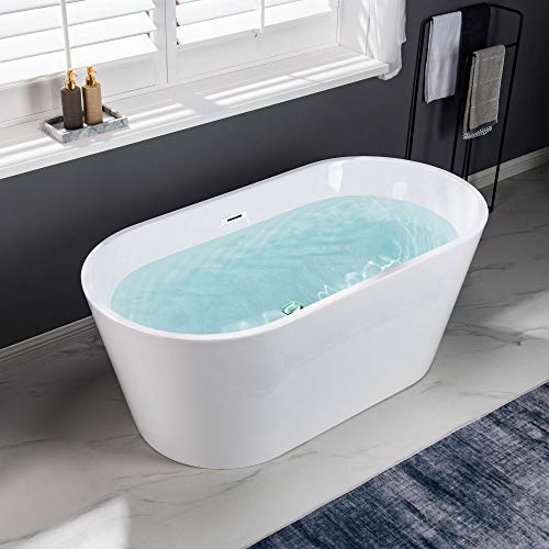 WOODBRIDGE 59" Acrylic Freestanding Bathtub Contemporary Soaking White Tub with Chrome Overflow and Drain,B0014-CH