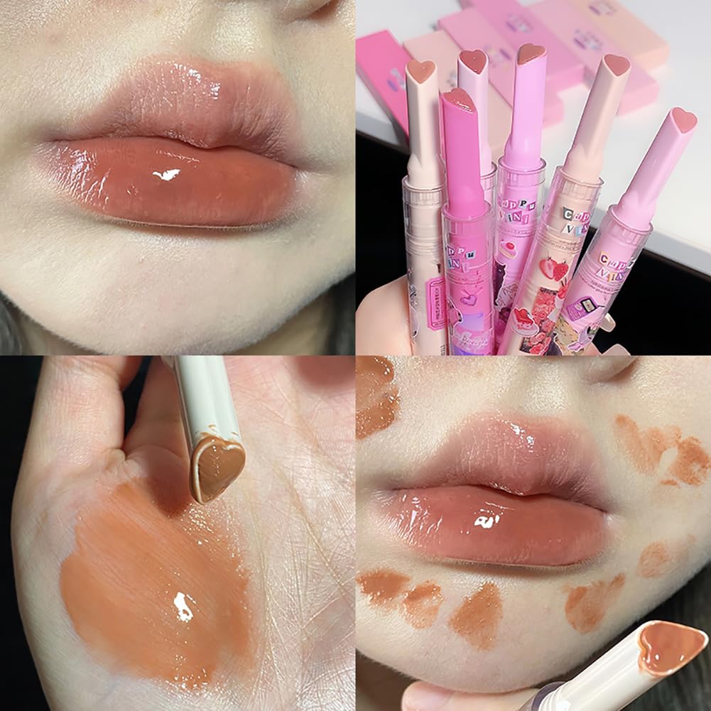 Petansy 6 Colors Jelly Lipstick Heart Shape Lipstick Set Plumping Serum Lip Balm Ultra Hydrating Smooth Lip Gloss for Women Makeup (6 Colors/Set)