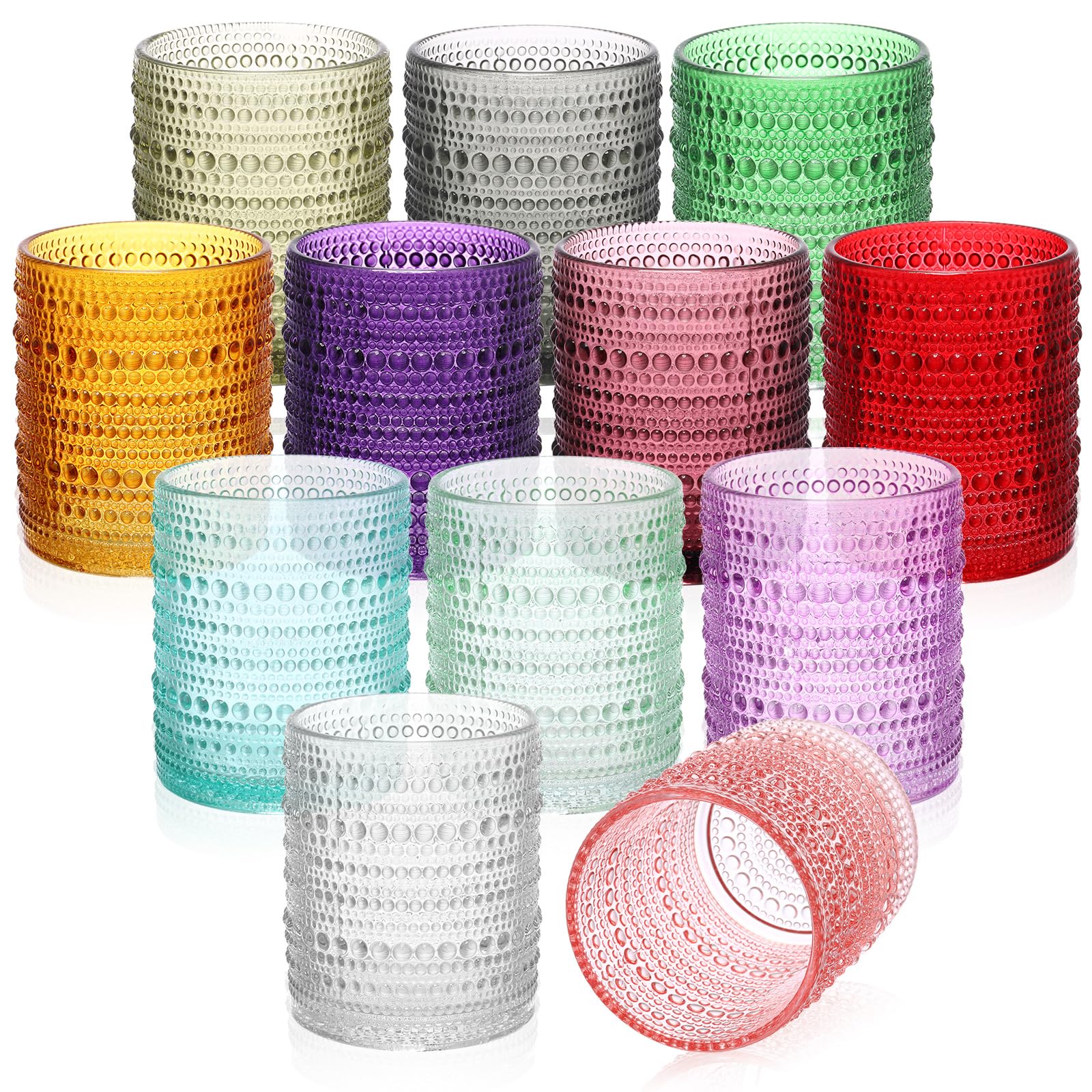 Norme 12 Pcs Colored Vintage Drinking Glasses Hobnail Beaded Glassware 12 oz Jupiter Glasses Fancy Textured Wine Glass Cups for Cocktail Water Iced Tea Juice Wedding Party Home (NOT Dishwasher Safe)