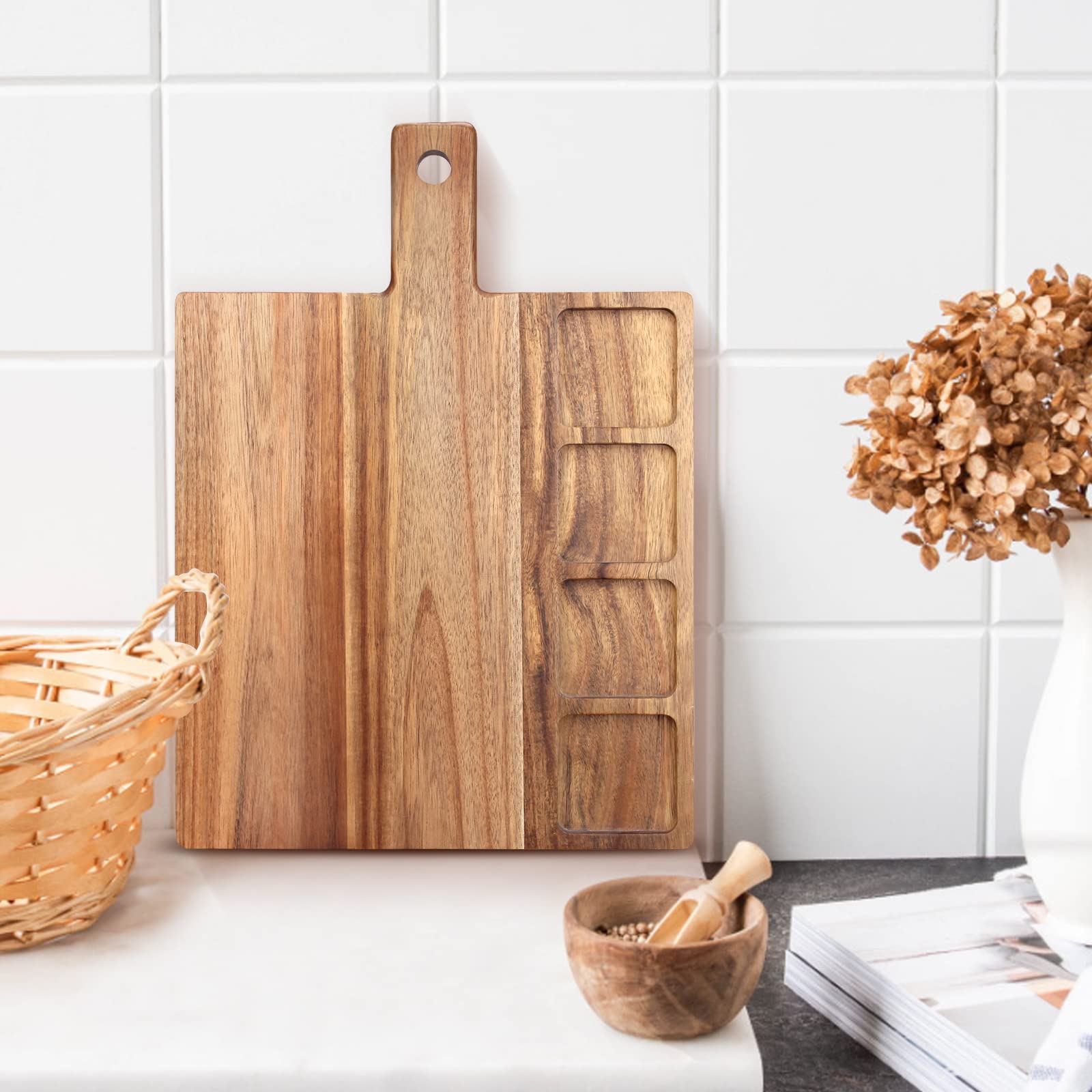 Large 17"x 12" Acacia Wooden Cutting Board With Handle Fruit Charcuterie Platter Boards Wood Serving Cheese Board Best Cutting Boards for Kitchen Meat Chopping Board Butcher Blocks Carving Board
