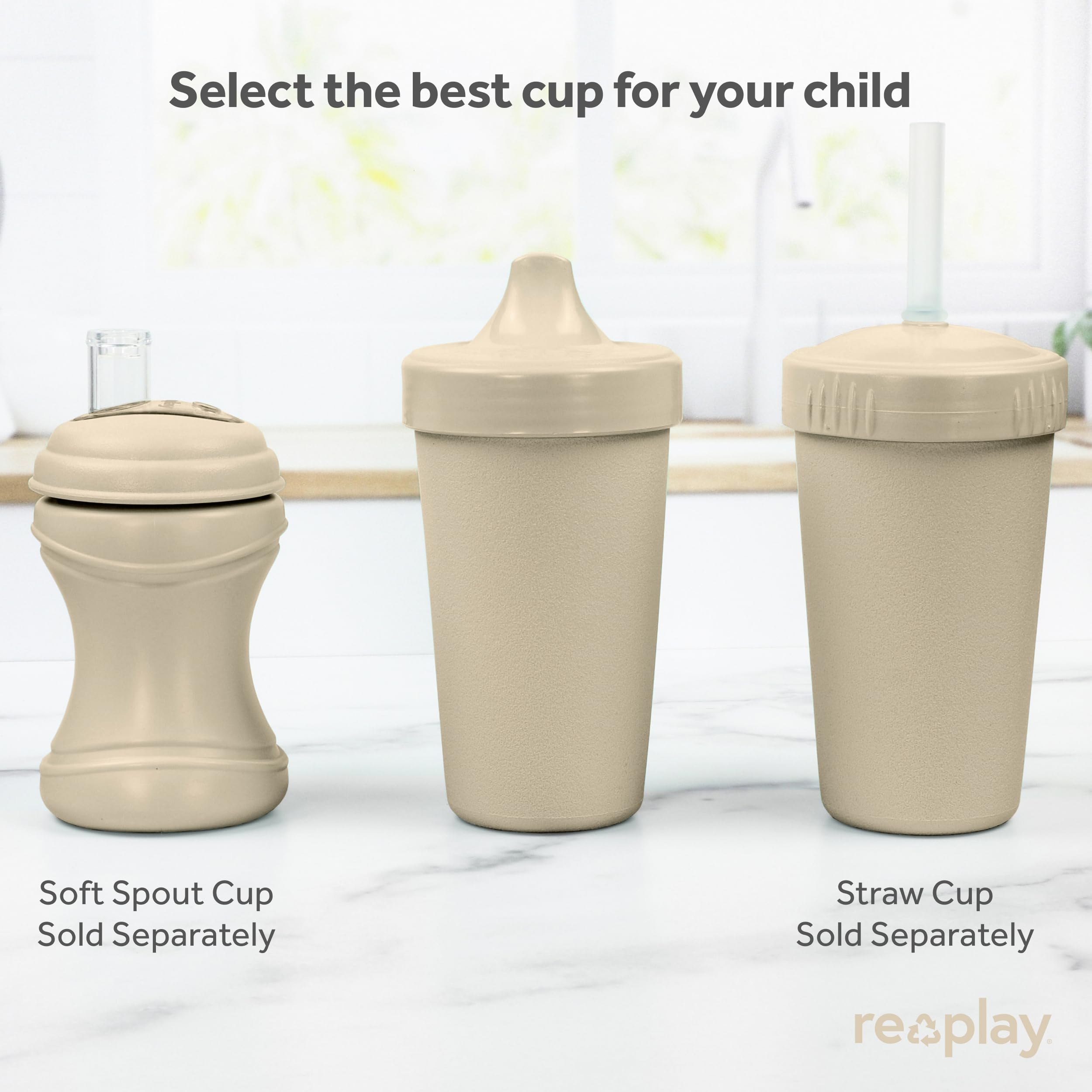 Re-Play Made in USA 10 Oz. Sippy Cups for Toddlers, Set of 3 - Reusable Spill Proof Cups for Kids, Dishwasher/Microwave Safe - Hard Spout Sippy Cups for Toddlers 3.13 x 6.25, Seashell
