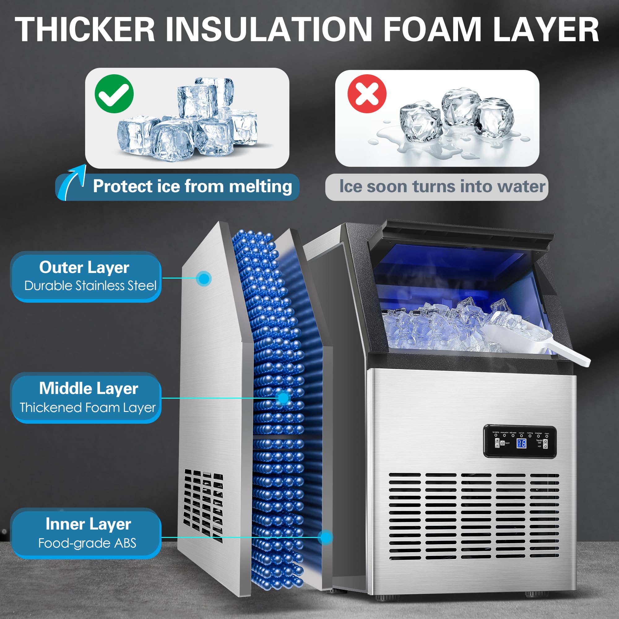 Zomagas Commercial Ice Maker Machine,110LBS/24H Ice Maker, Stainless Steel Freestanding Ice Machine with 28LBS Storage Capacity, Self-Cleaning, 2 Water Inlet Modes,Ideal for Restaurant,Home,Bar