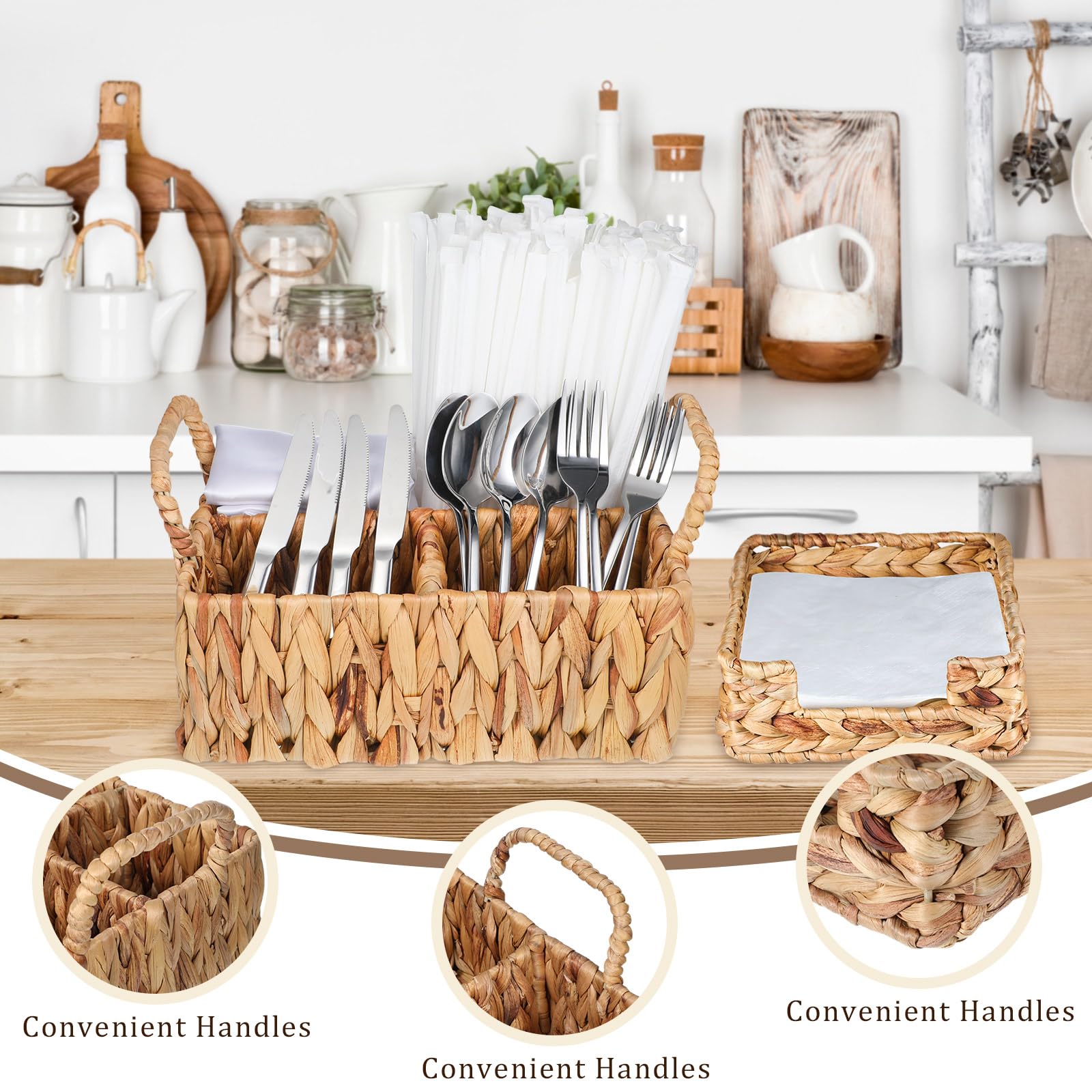 Norme Wicker Flatware Organizer and Wicker Napkin Holder Woven Utensils Holder Caddy Cutlery Silverware Holder for Kitchen Table Storage Hyacinth Baskets Rattan Napkin Holders with Handle