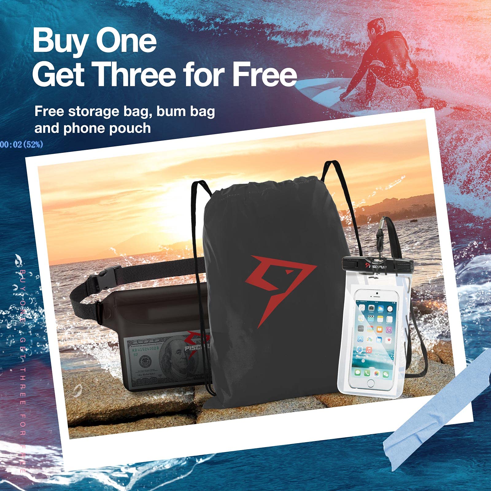 Piscifun Dry Bag Waterproof, Floating Dry Backpack, Lightweight Waterproof Dry Bag with Waist Pouch and Phone Case for Kayaking, Camping, Beach, Boating & Swimming for Men & Women Black 20L