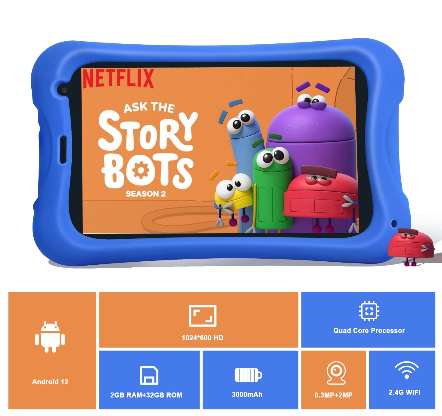 NOBKLEN Kids Tablet 7 Inch Tablet - 2GB RAM and 32GB Storage, 3000mAh Battery, Dual Cameras, and Parental Controls