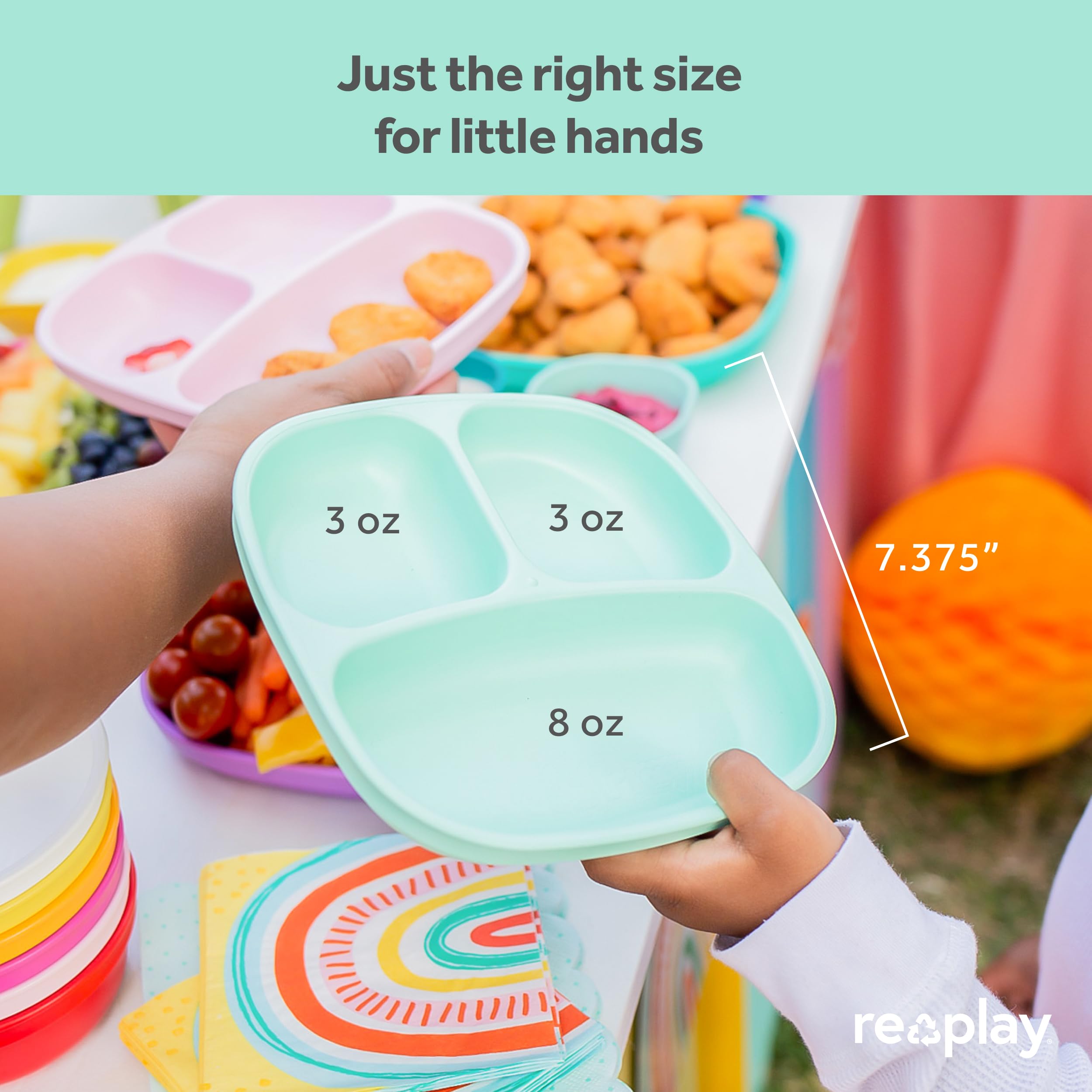 Re-Play Made in USA Deep Walled 3 Compartment Plates, Pack of 6 - Reusable Divided Plates for Kids, Dishwasher and Microwave Safe - Durable Toddler Plates 7.37" x 7.37" x 1.25", Crayon Box