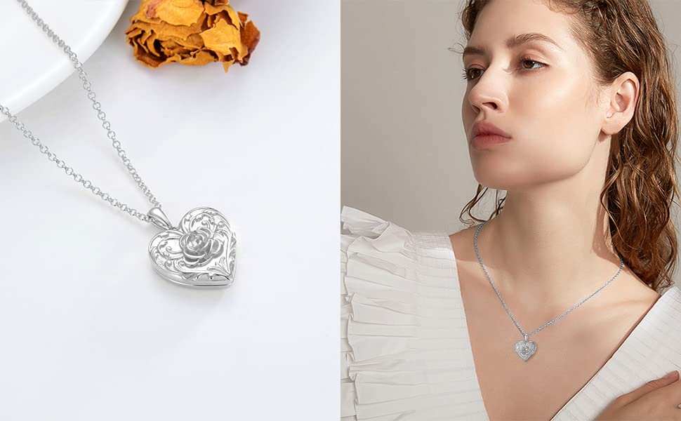 SOULMEET 18k White Gold Plated Silver Rose Locket Necklace That Holds 2 Pictures, 20" 10K White Gold Chain (Locket only)