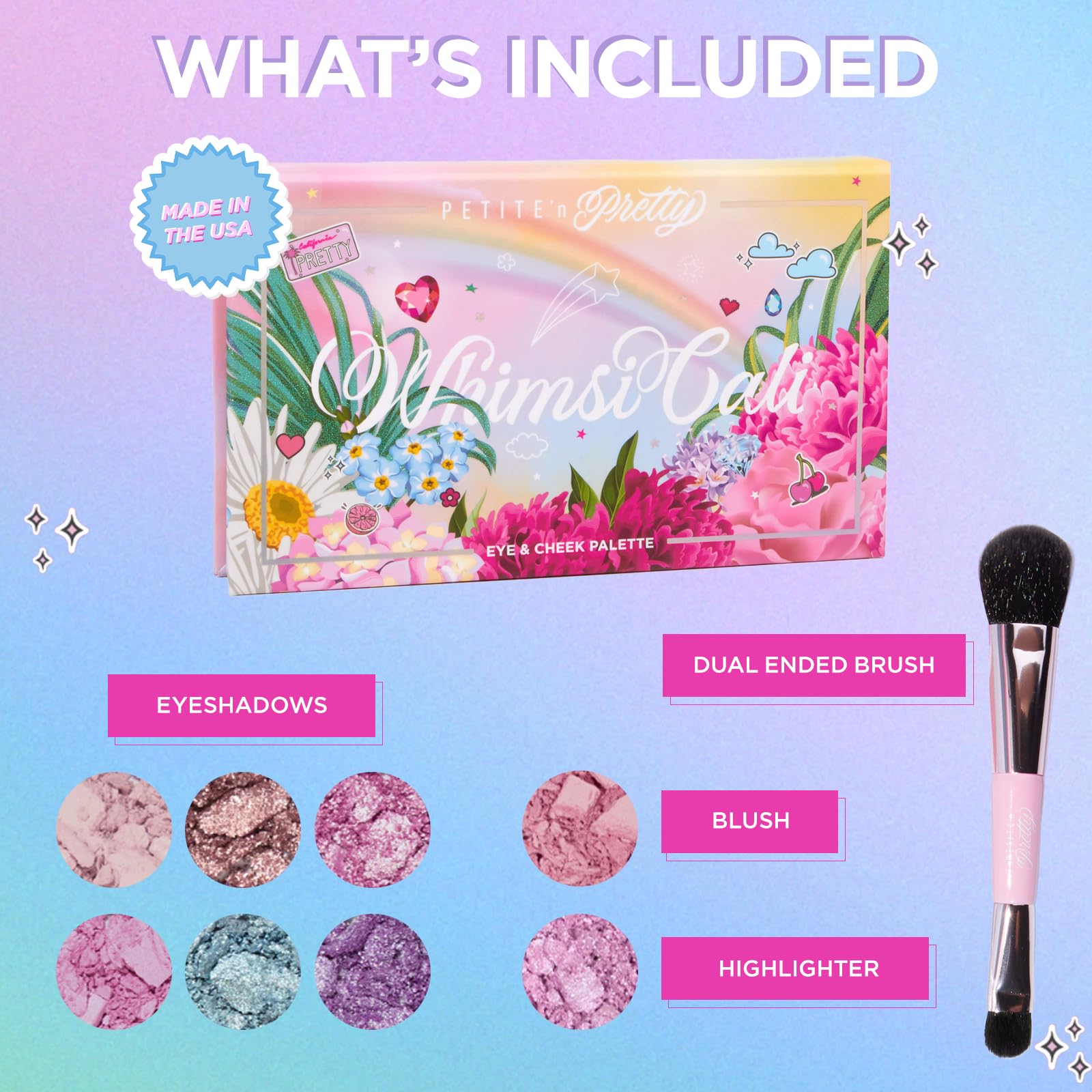 Petite ’N Pretty WhimsiCali Eyeshadow & Cheek Makeup Palette Kit for Kids, Tweens & Teens - Natural, Clean, Non-toxic - Made in USA