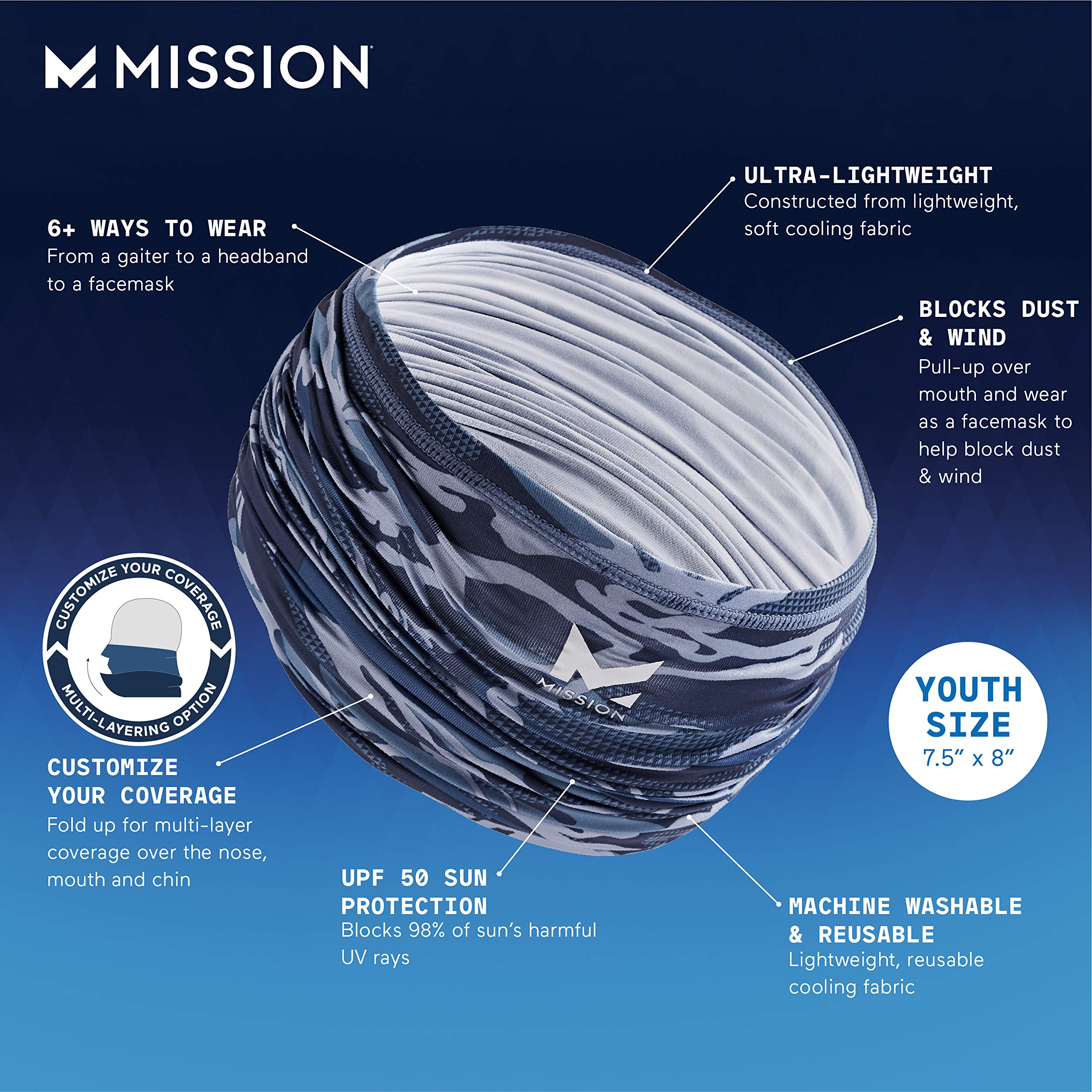 MISSION Cooling Youth Neck Gaiter 6+ Ways to Wear, Face Mask, UPF 50, Cools When Wet- Matrix Camo Bering Sea