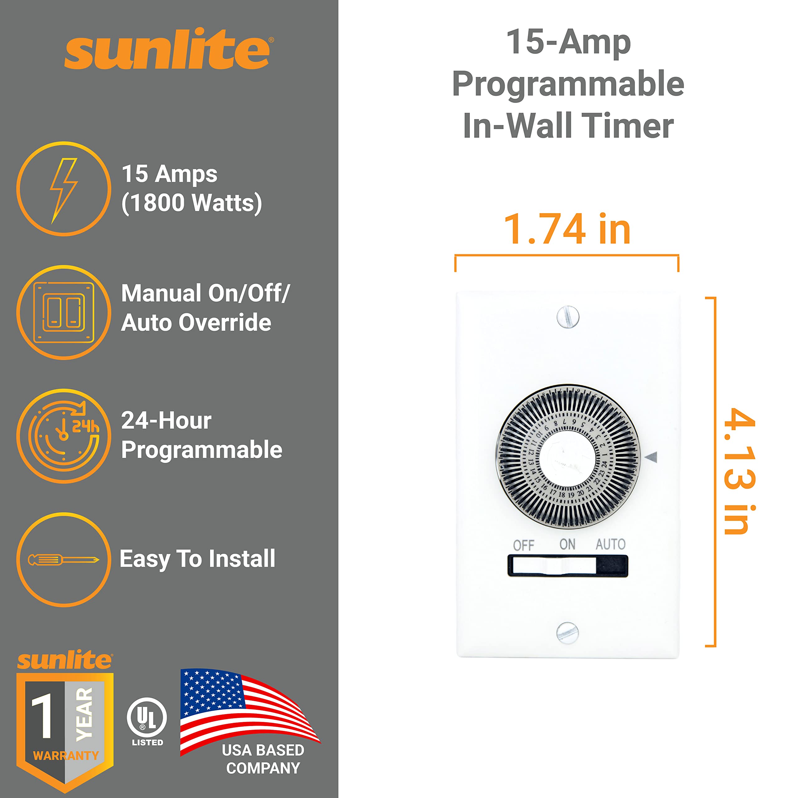 Sunlite 05014-SU 15-Amp Programmable in-Wall Timer, Heavy Duty, 20 Minute Intervals, Manual On/Off/Auto Override, UL Listed