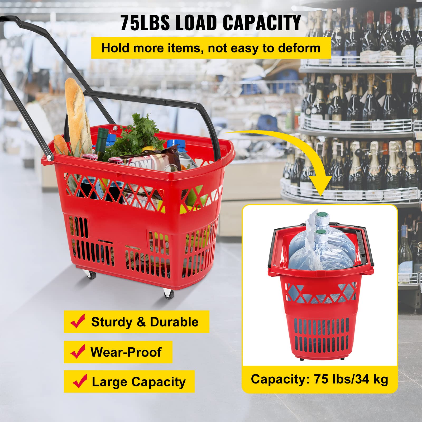 Mophorn 6PCS Shopping Carts, Plastic Rolling Shopping Basket with Wheels, Red Shopping Baskets with Handles, Portable Shopping Basket Set for Retail Store