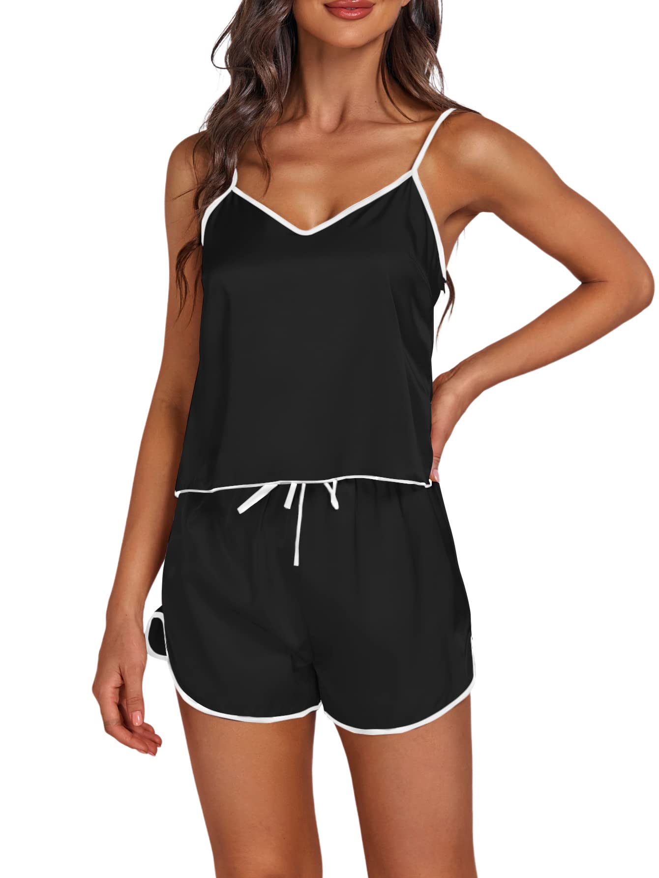 LYANER Women's Satin Silk Pajamas V Neck Cami Top with Shorts PJ Sst Sleepwear Black Large