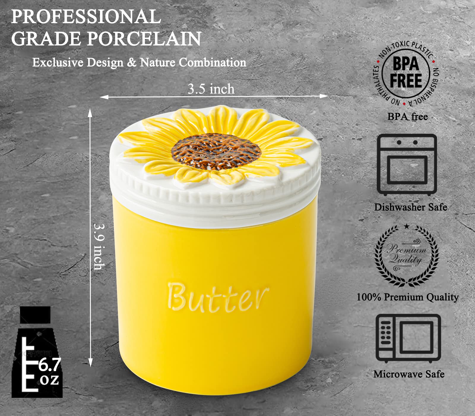 Sunflower Butter Crock Butter Keeper French Butter Dish Ceramic Cup Butter Holder With Water Line Non-Slip Design