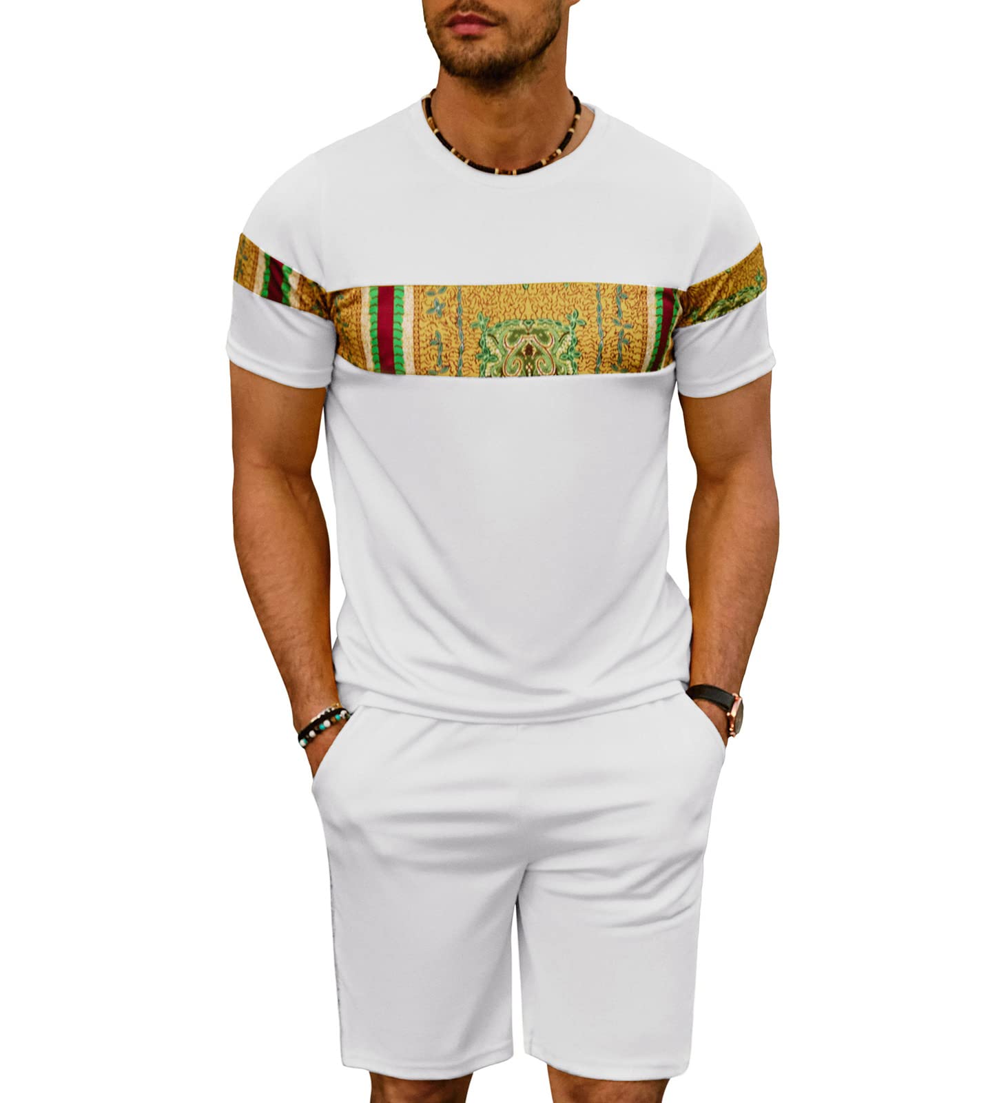 PJ PAUL JONES Mens Casual T Shirts and Shorts 2pcs Set Summer Printed Outfits