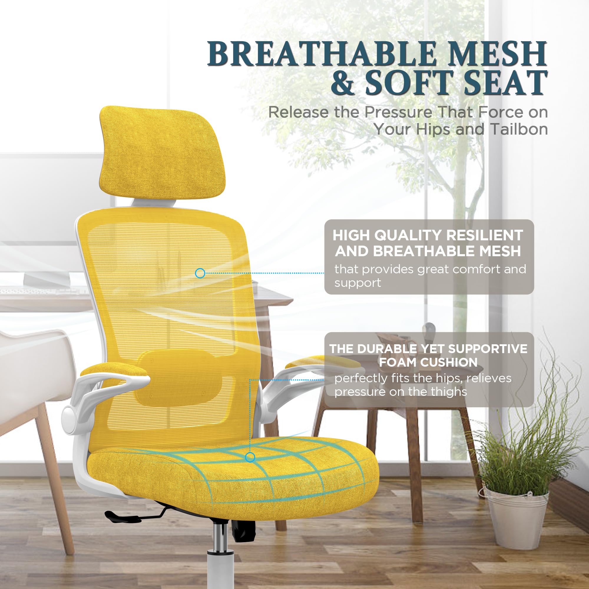 Mimoglad Home Office, High Back Ergonomic Desk Adjustable Lumbar Support and Headrest, Swivel Task Chair with flip-up Armrests for Guitar Playing, 5 Years Warranty, Jasmine