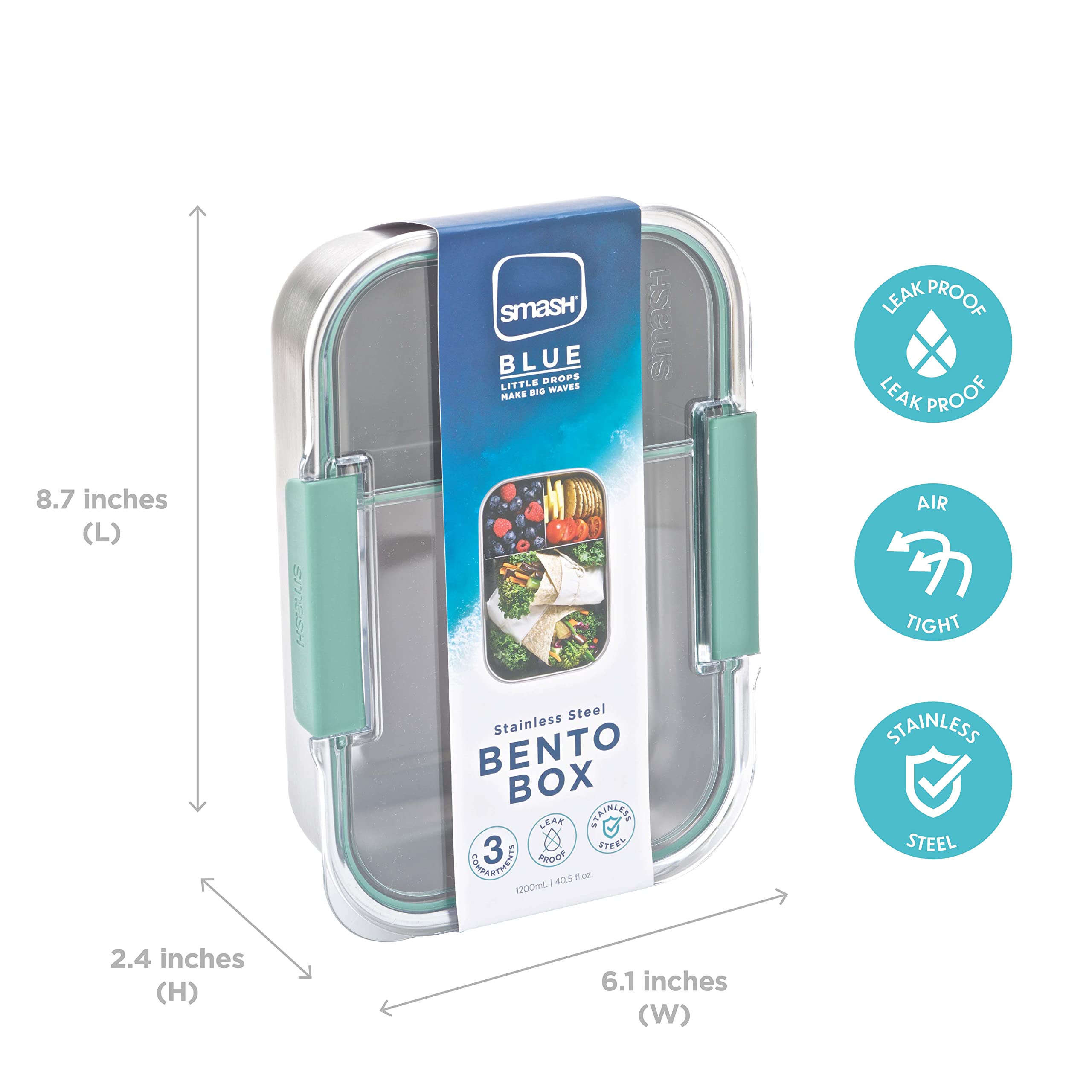 Smash Stainless Steel Bento Lunch Box, 3 Compartments, Sage