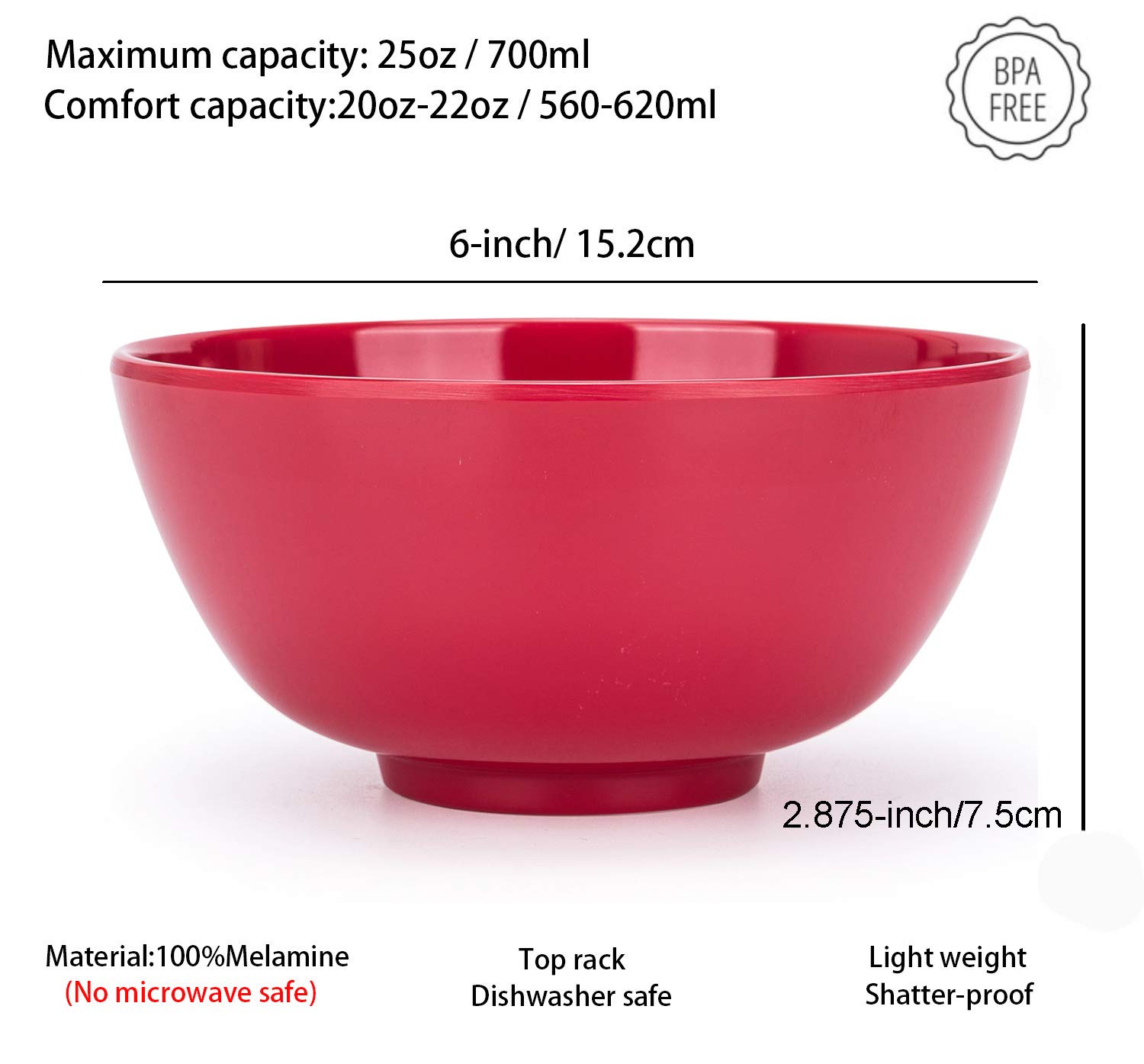 Set of 6 100% Melamine 28oz Salad Bowls Set,6 inch Round Melamine Soup Cereal Bowls,Melamine Dinnerware sets for Home Dinner Party or Picnic,Break-resistant and BPA Free,Multicolor
