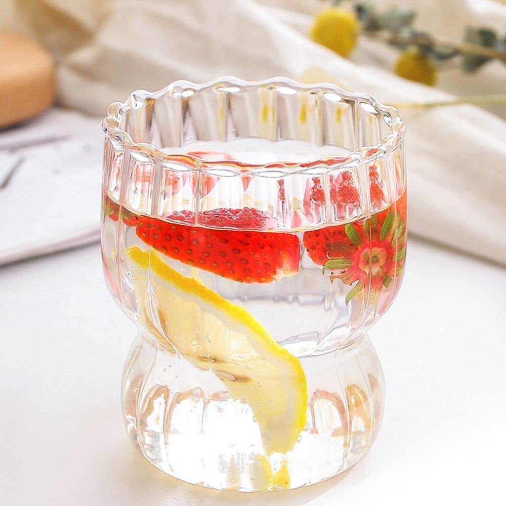 Peyan Ribbed Glass Cups,2 Pcs 9 Oz Origami Style Cups with 2 Iced Ball Molds,Vertical Stripes Bubble Glasses Drinking,Ribbed Glassware,Bubble Cups,Ripple Glassware,Ribbed Drinking, 20x15cm