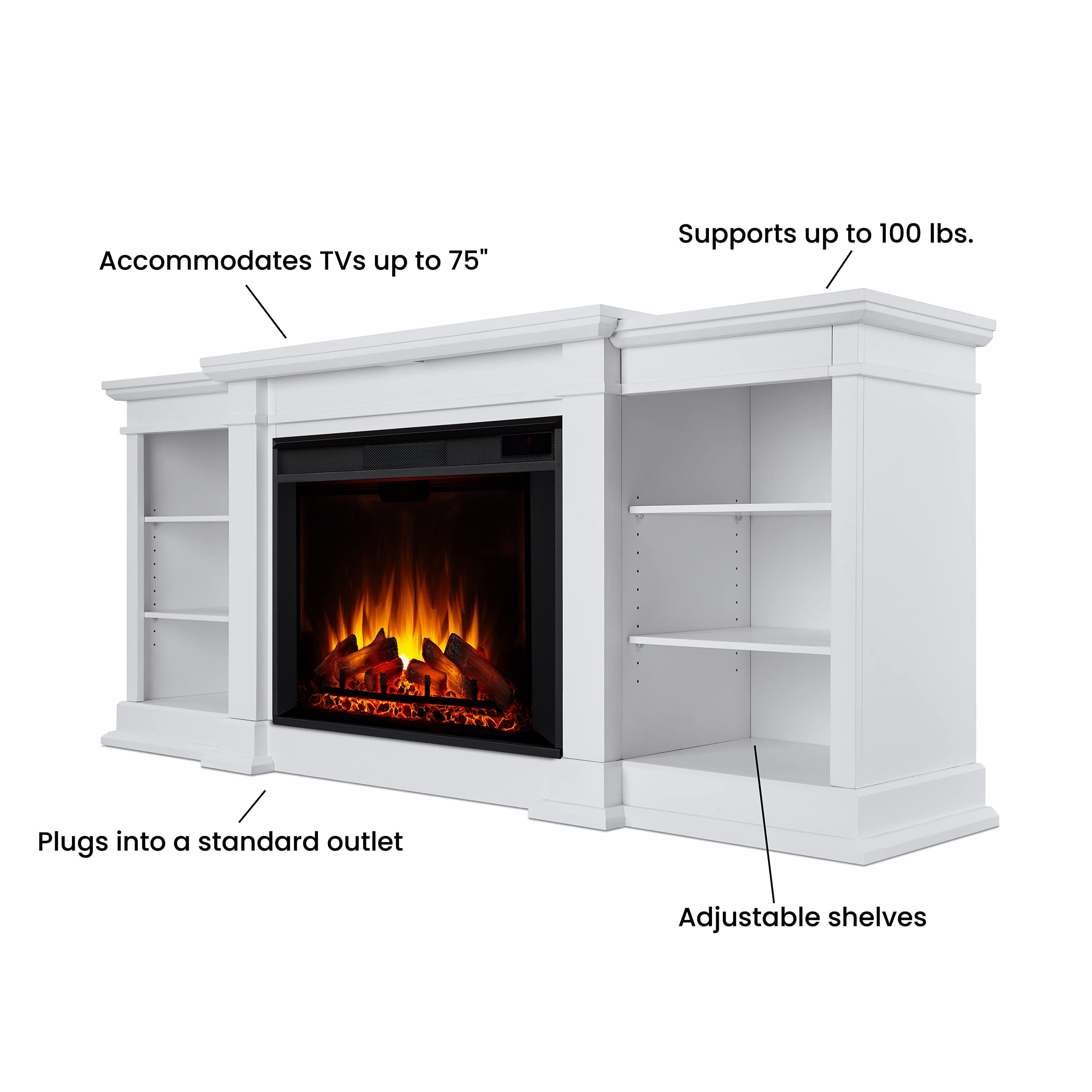Real Flame Eliot Grand Electric Fireplace TV Stand, Solid Wood with Adjustable Shelves, Includes Mantel, Firebox & Remote Control, White