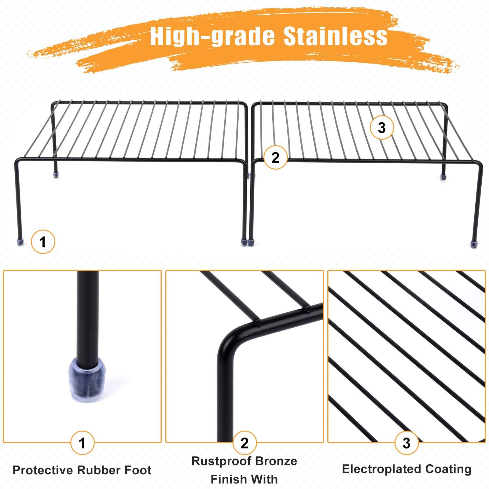 Set of 6 Kitchen Cabinet Storage Shelf Rack - (13.1 x 10.2 Inch) /Plastic Feet - Steel Metal - Rust Resistant Finish - Cups, Dishes, Cabinet & Pantry Organization (Black)