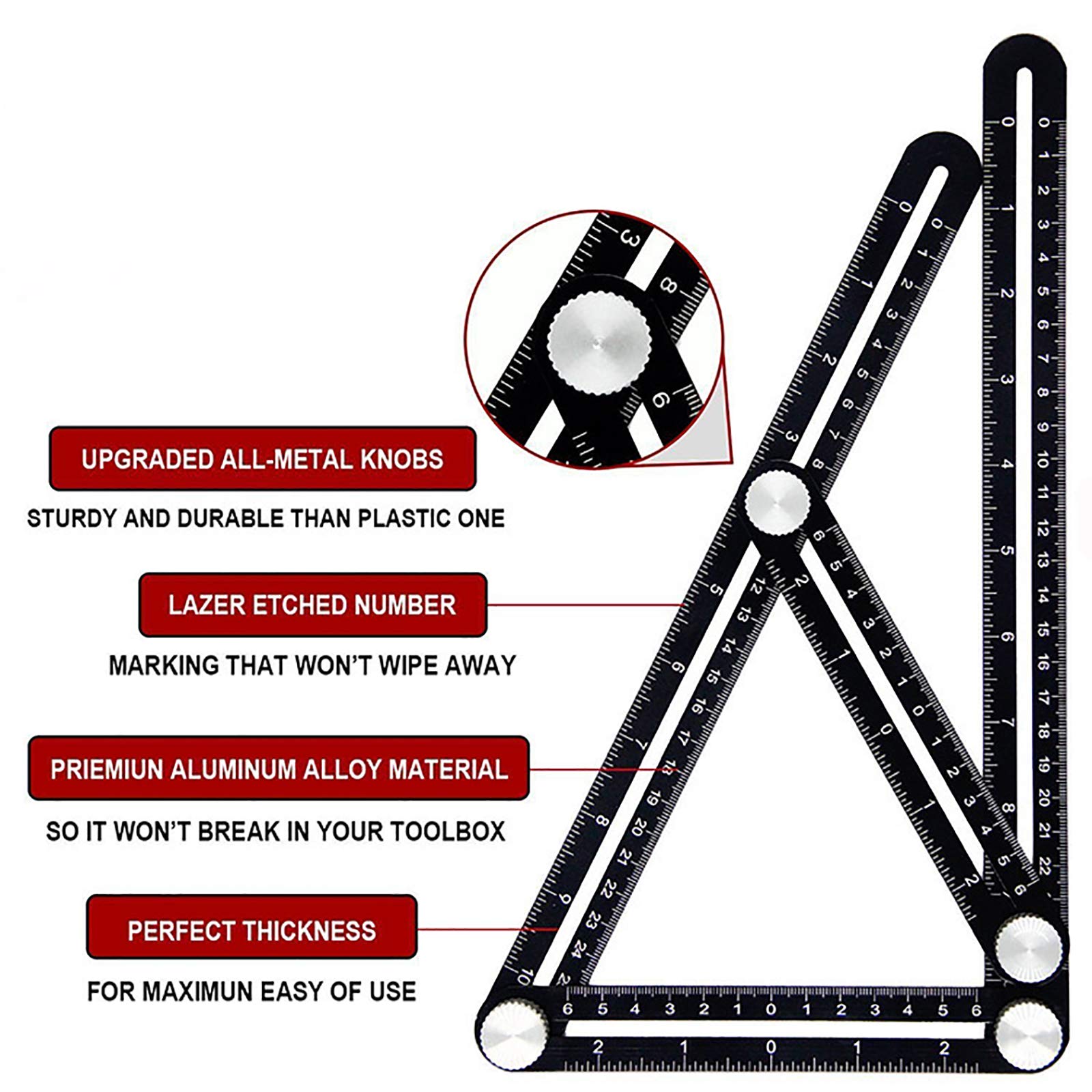 Multi Angle Measuring Rulers - Universal Opening Locator Measurement Tool, Professional 6-Sides Laser Engraved Marking Tool for Builders Craftsmen Engineer