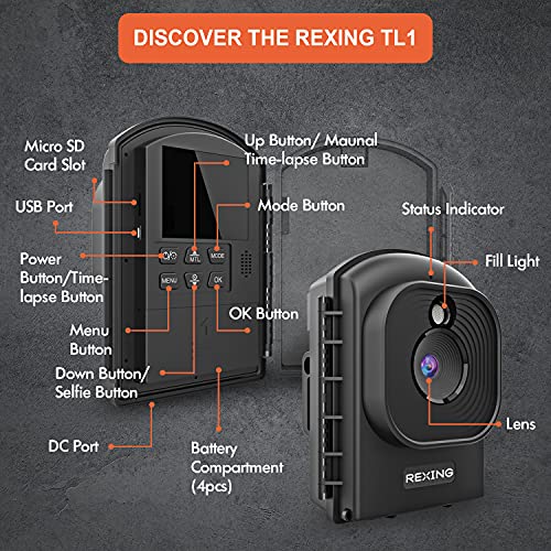 Rexing TL1 Time-Lapse Camera 2.4” LCD 1920x1080 Full HD Video 110° Wide-Angle Lens 6 Month Battery Life 2W White LED Loop Recording, Storage up to 512GB For Photography,Construction,Nature Observation